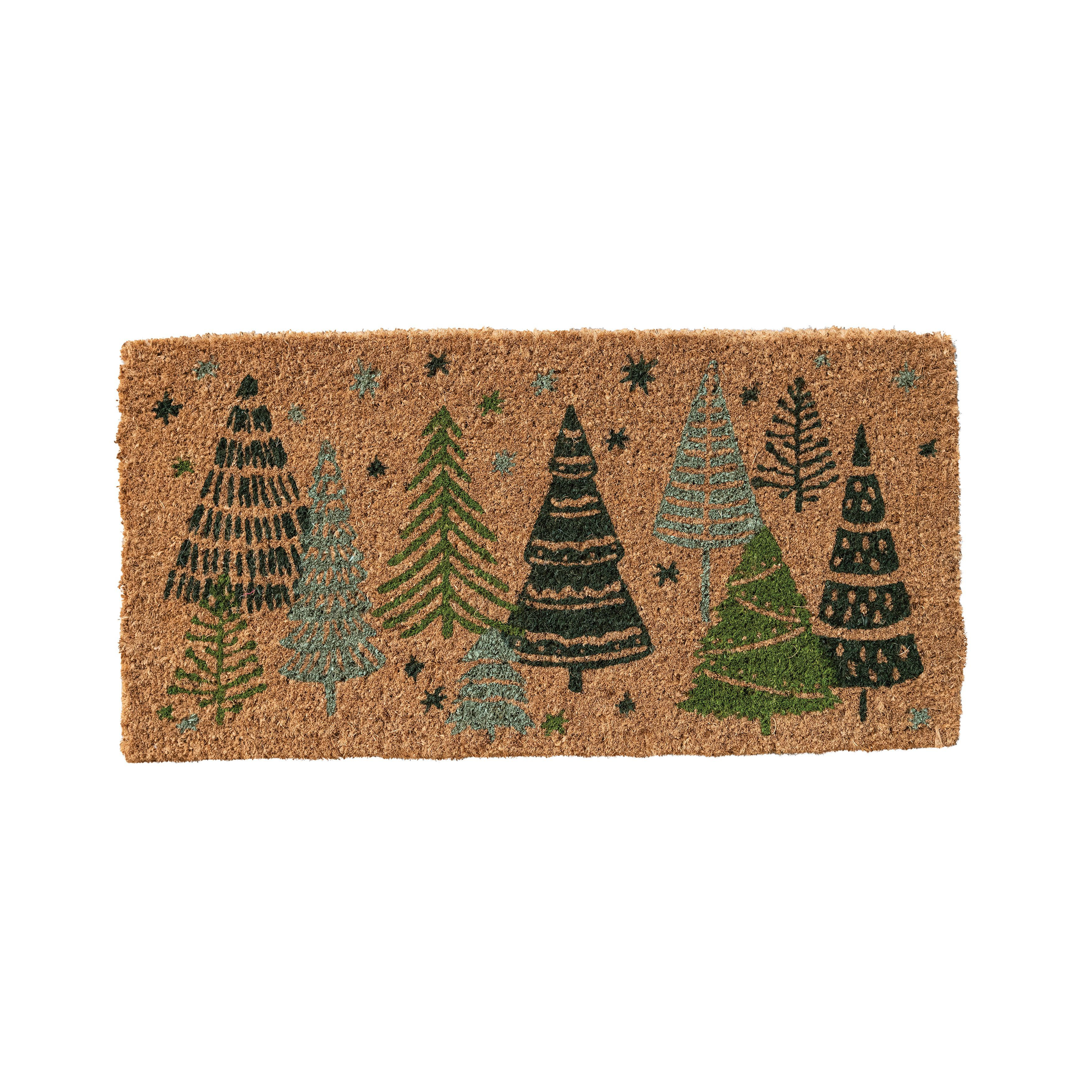 The Holiday Aisle® Coir Doormat With Christmas Trees And Stars | Wayfair