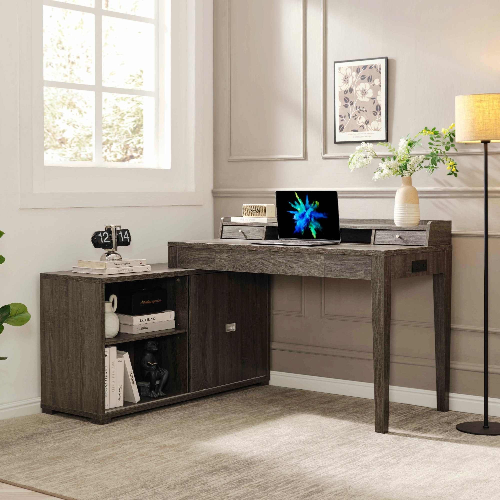 Lark Manor™ L-Shaped Home Office Desk With Mini Hutch And Three Drawers ...