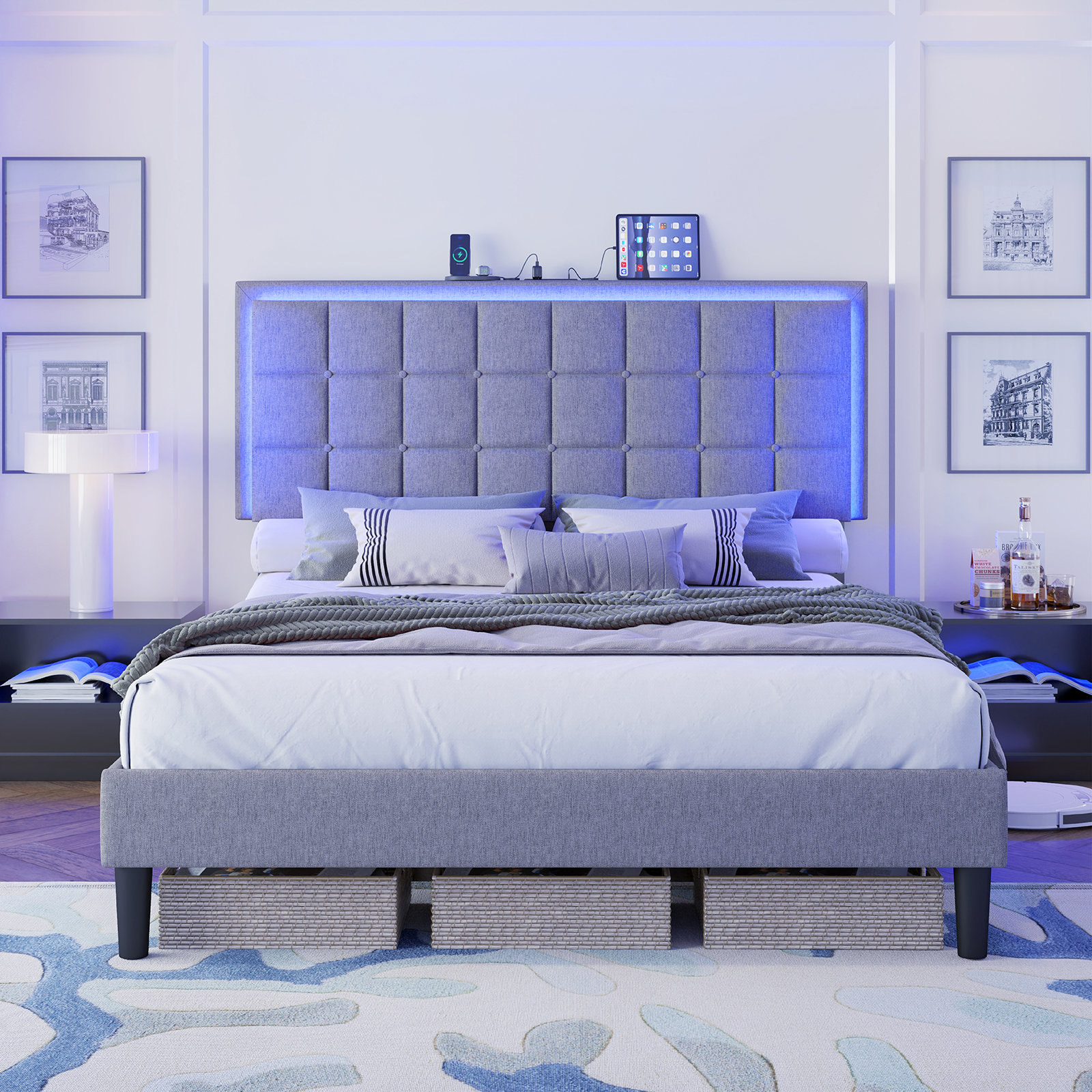 Wade Logan Berdean Button Tufted Platform Bed Frame with LED Lights ...