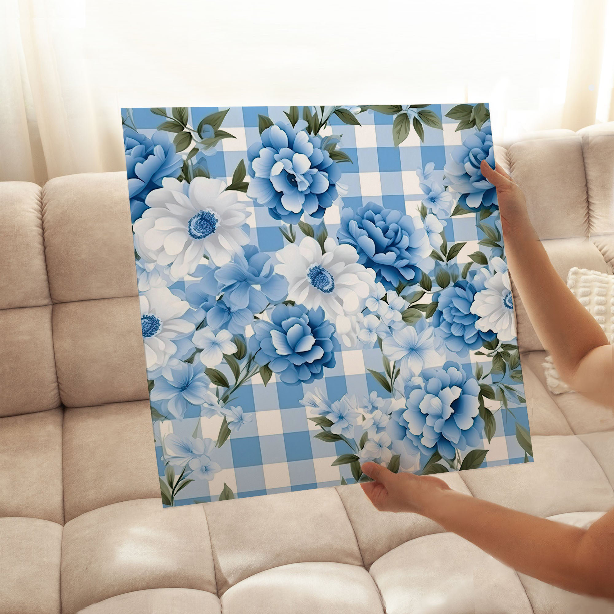 August Grove® Floral Blue Gingham Flowers VII Shabby Chic Unframed Art ...