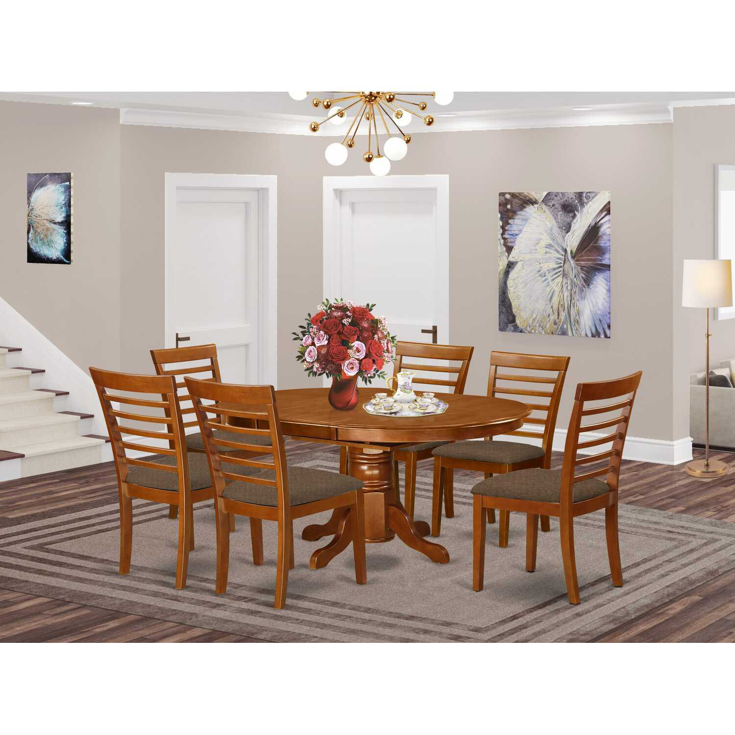 Canora Grey 7-Piece Oval Saddle Brown Finish Solid Wood Top Dining ...