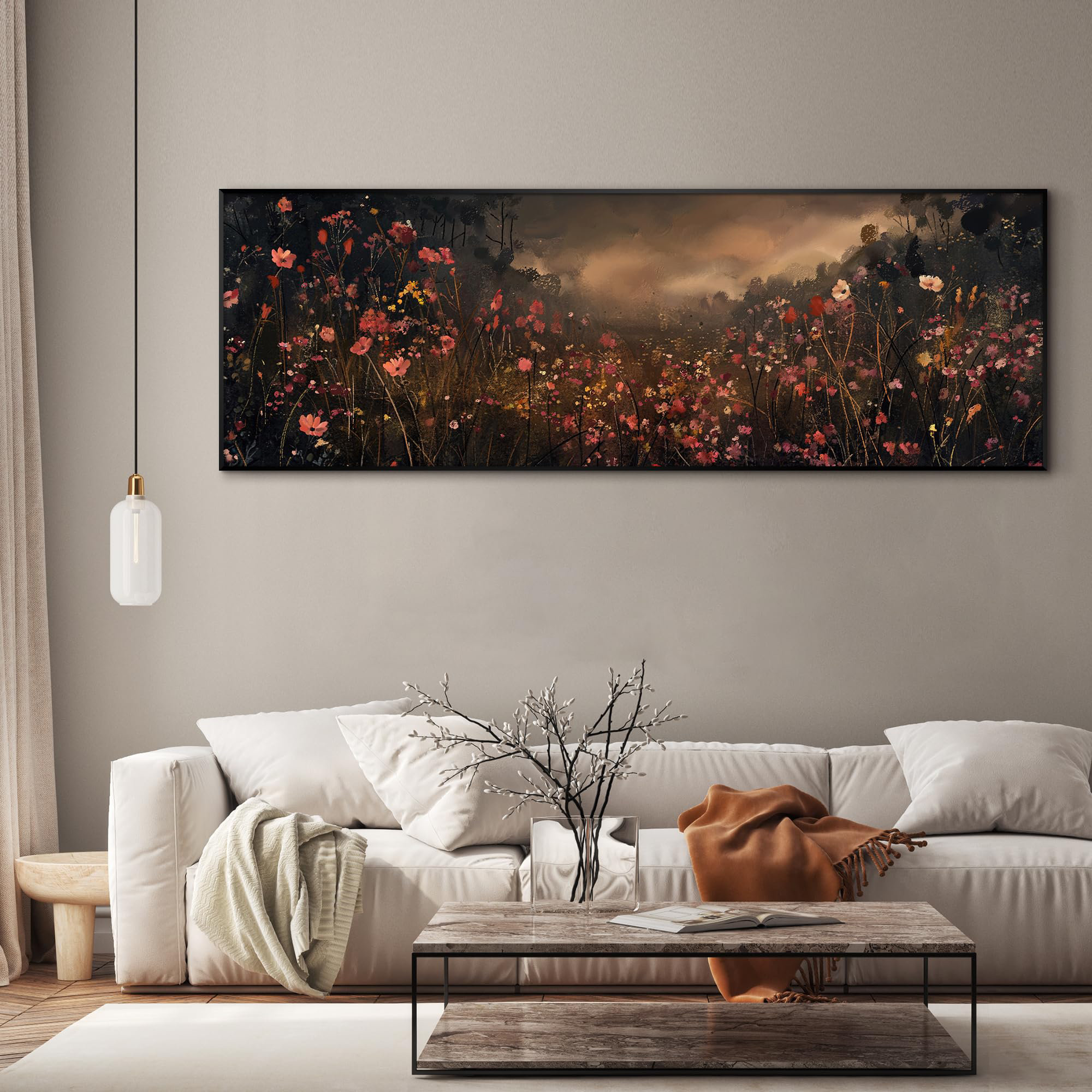 SIGNLEADER Moody Wildflower Meadow in Dark Tones Illustrations Extra Large Framed Wall Art Print ...