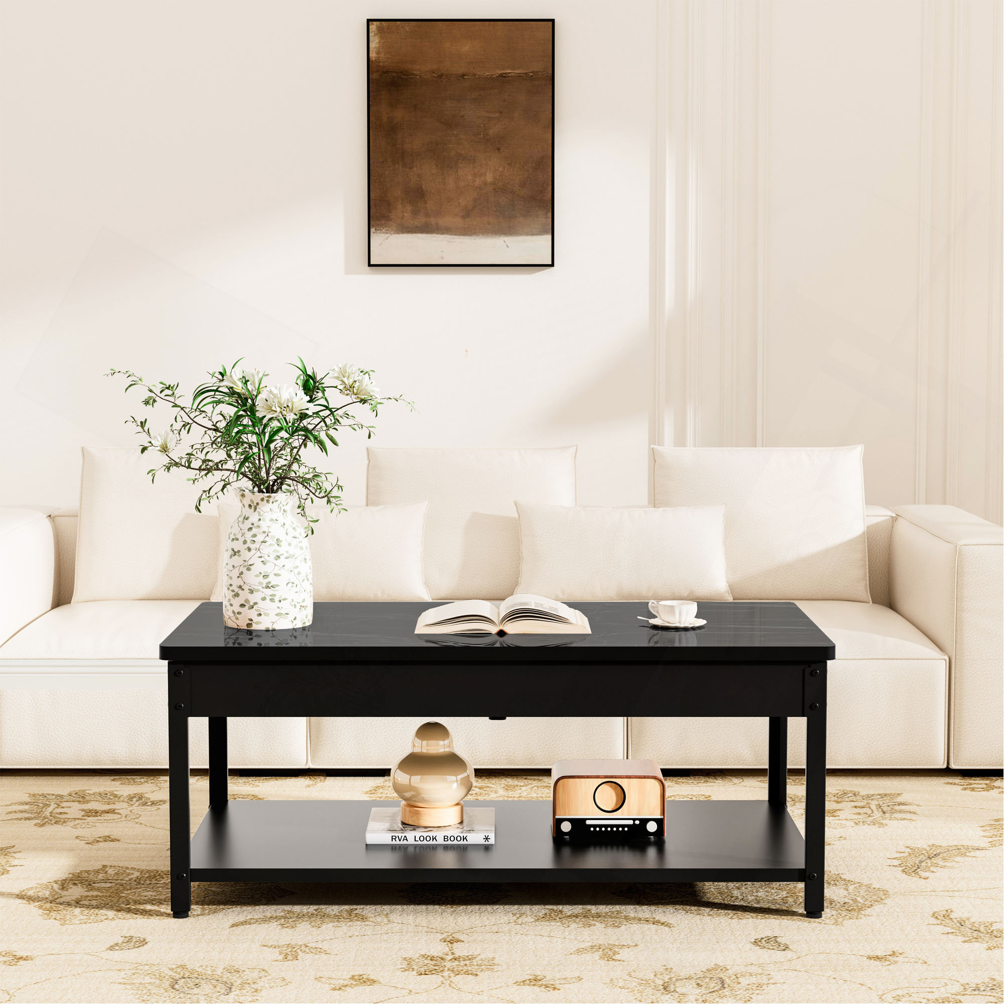 Ivy Bronx Rectangular Double-Layer Coffee Table With Hidden Storage ...