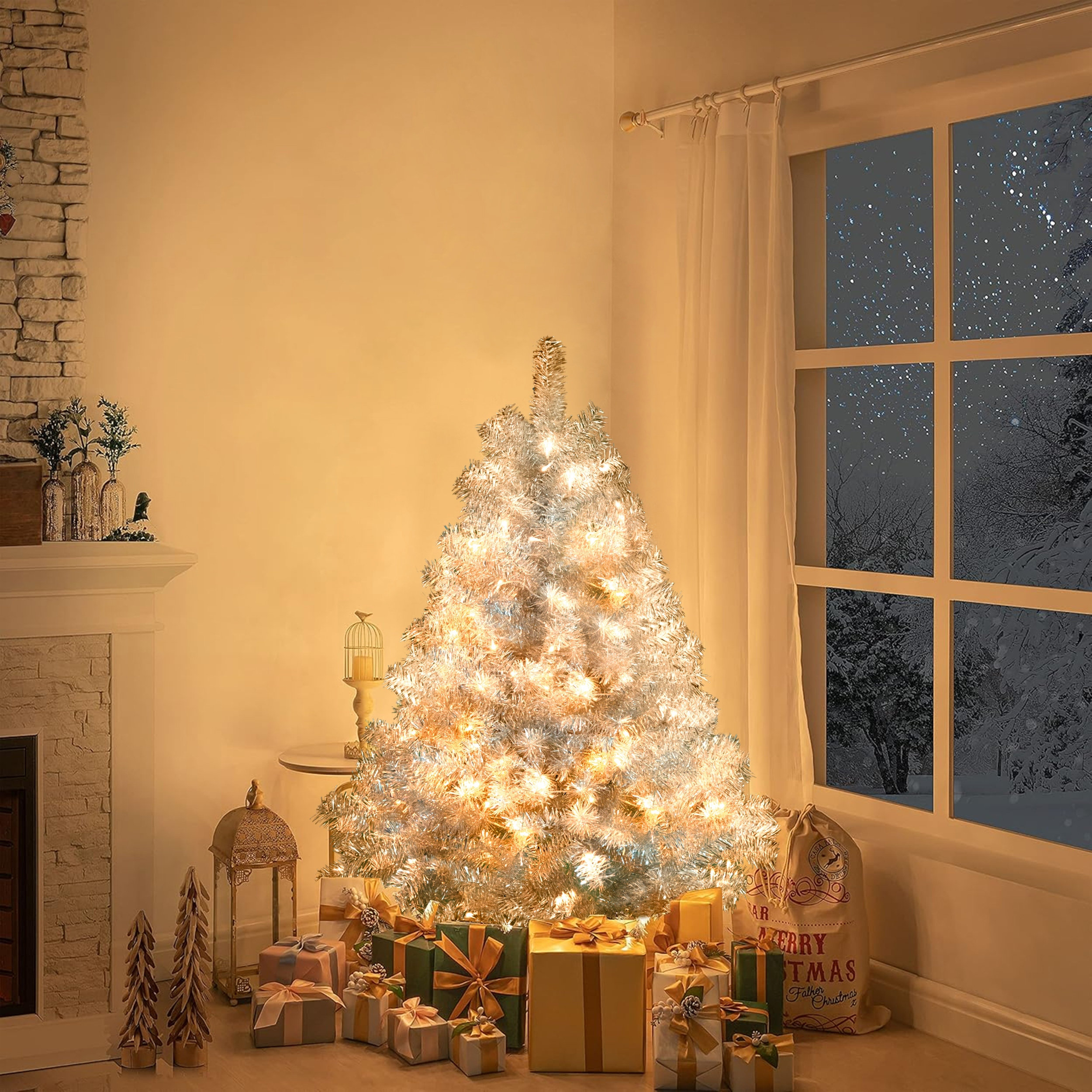 Mercer41 4FT Silver Pre-Lit Artificial Christmas Tree with 150 LED ...