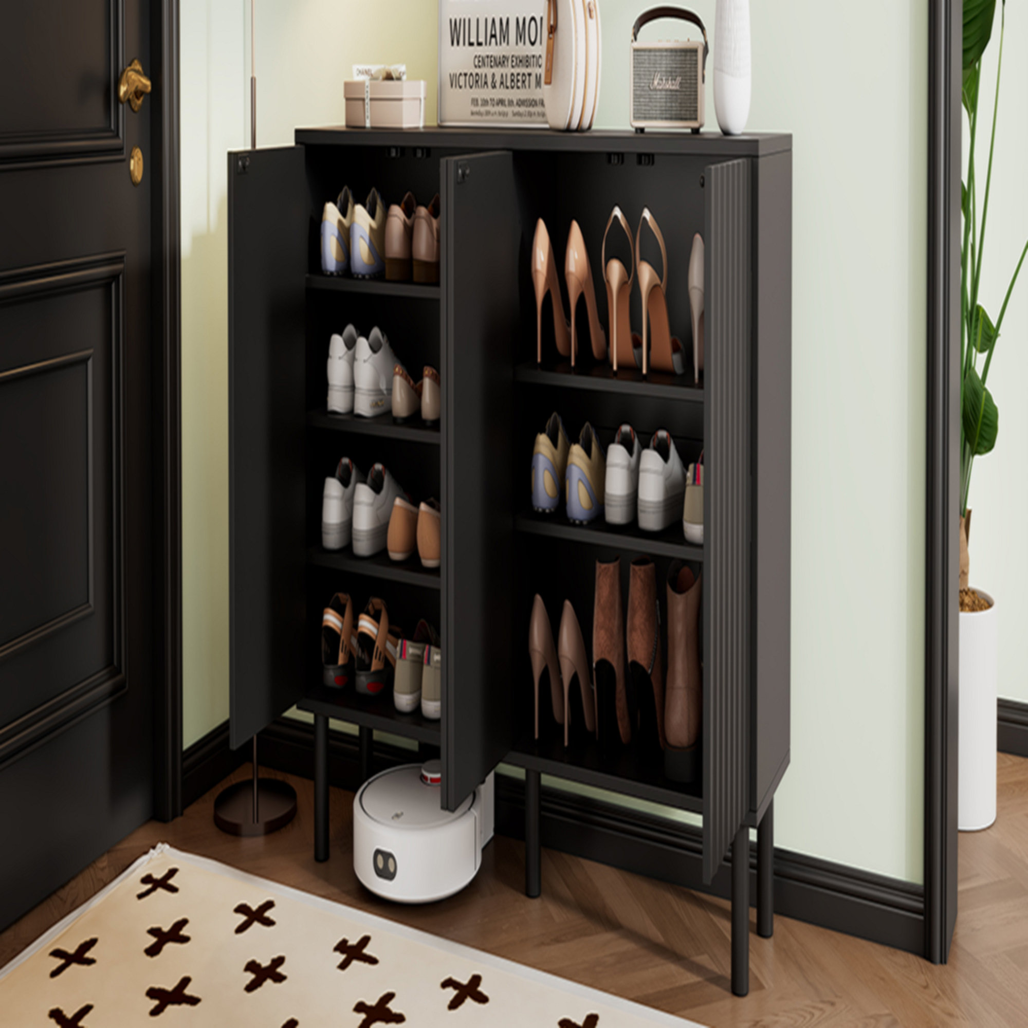 George Oliver Minimalist Shoe Cabinet With 5 Solid Wood Legs, Cream ...