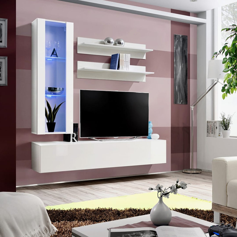 17 Stories Tedman H2 White Gloss Entertainment Unit 160cm - Minimal ...
