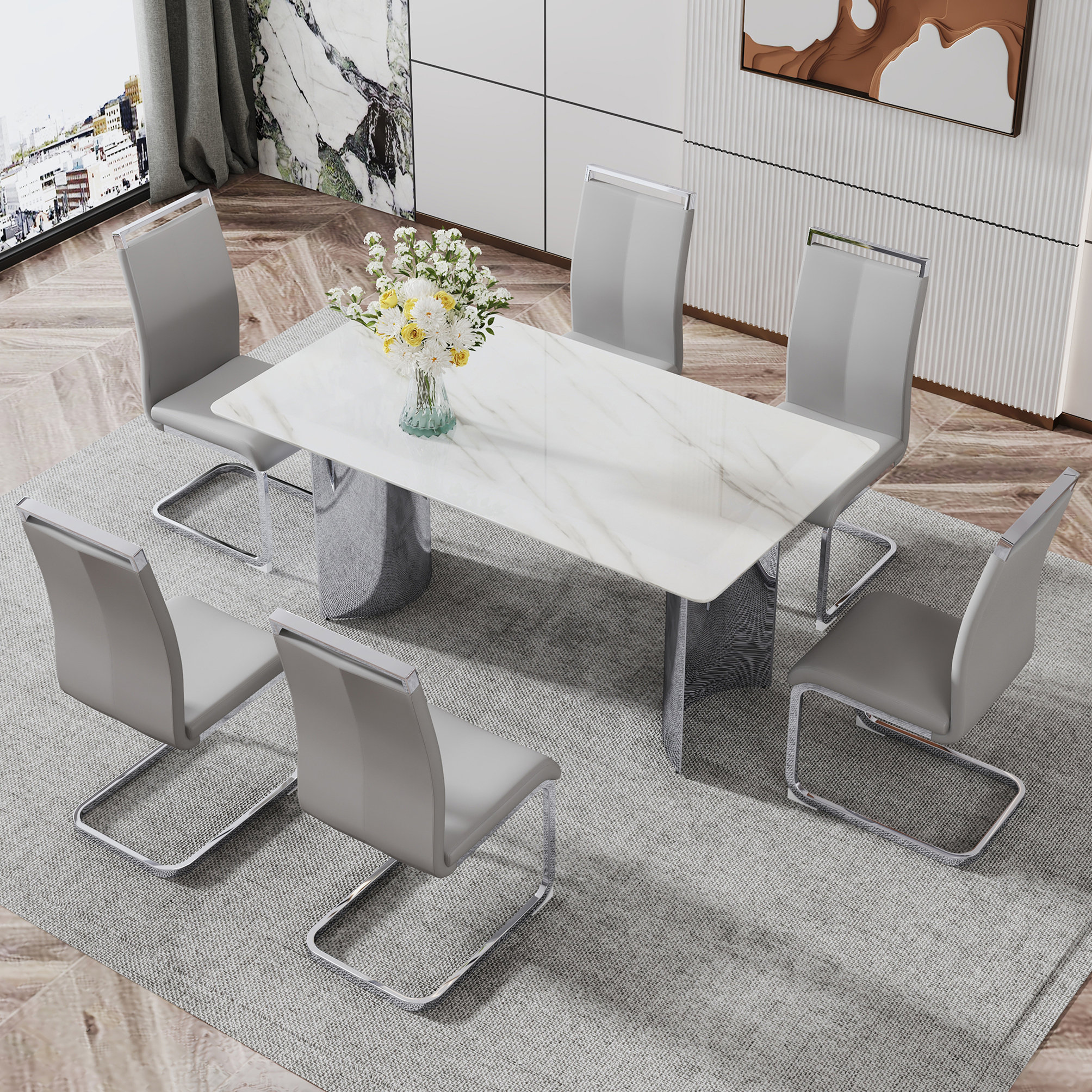Ivy Bronx Modern Minimalist Dining Table. Imitation Marble Glass ...