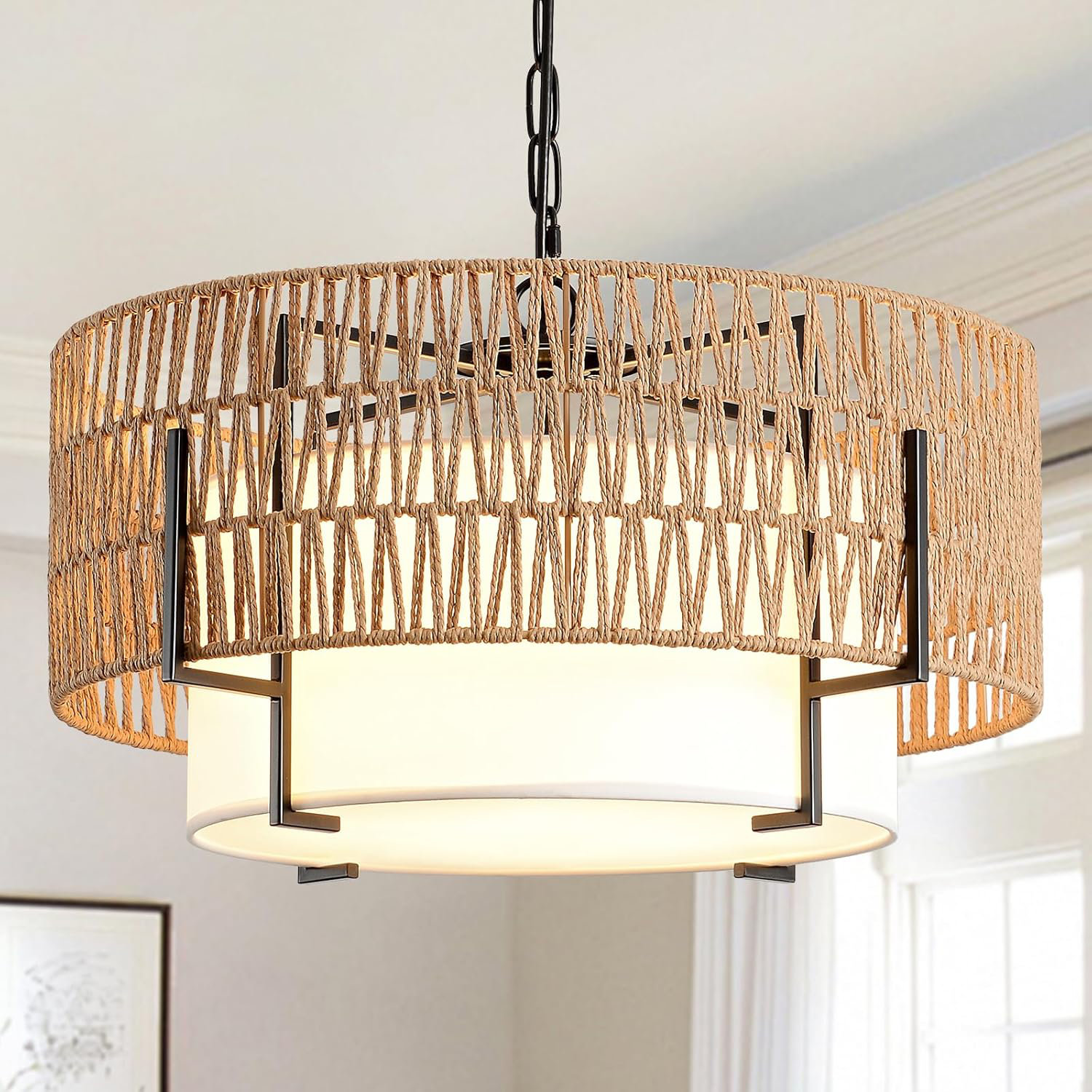 Bayou Breeze Boho Rattan Chandelier With Fabric Shade, 4-Light ...