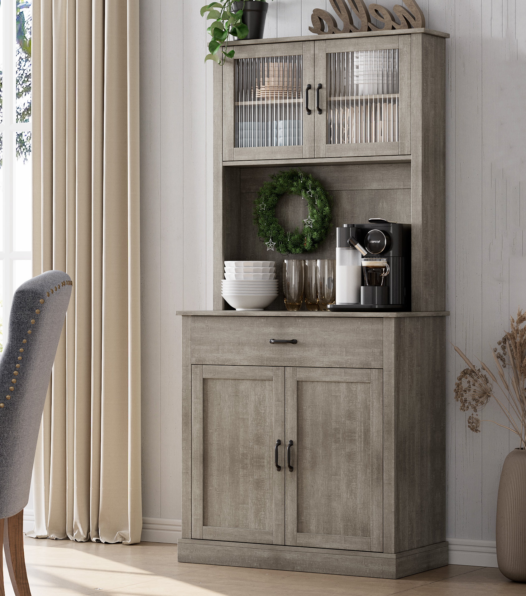 August Grove Freestanding Buffet Cabinet With Shelves And Glass Doors ...