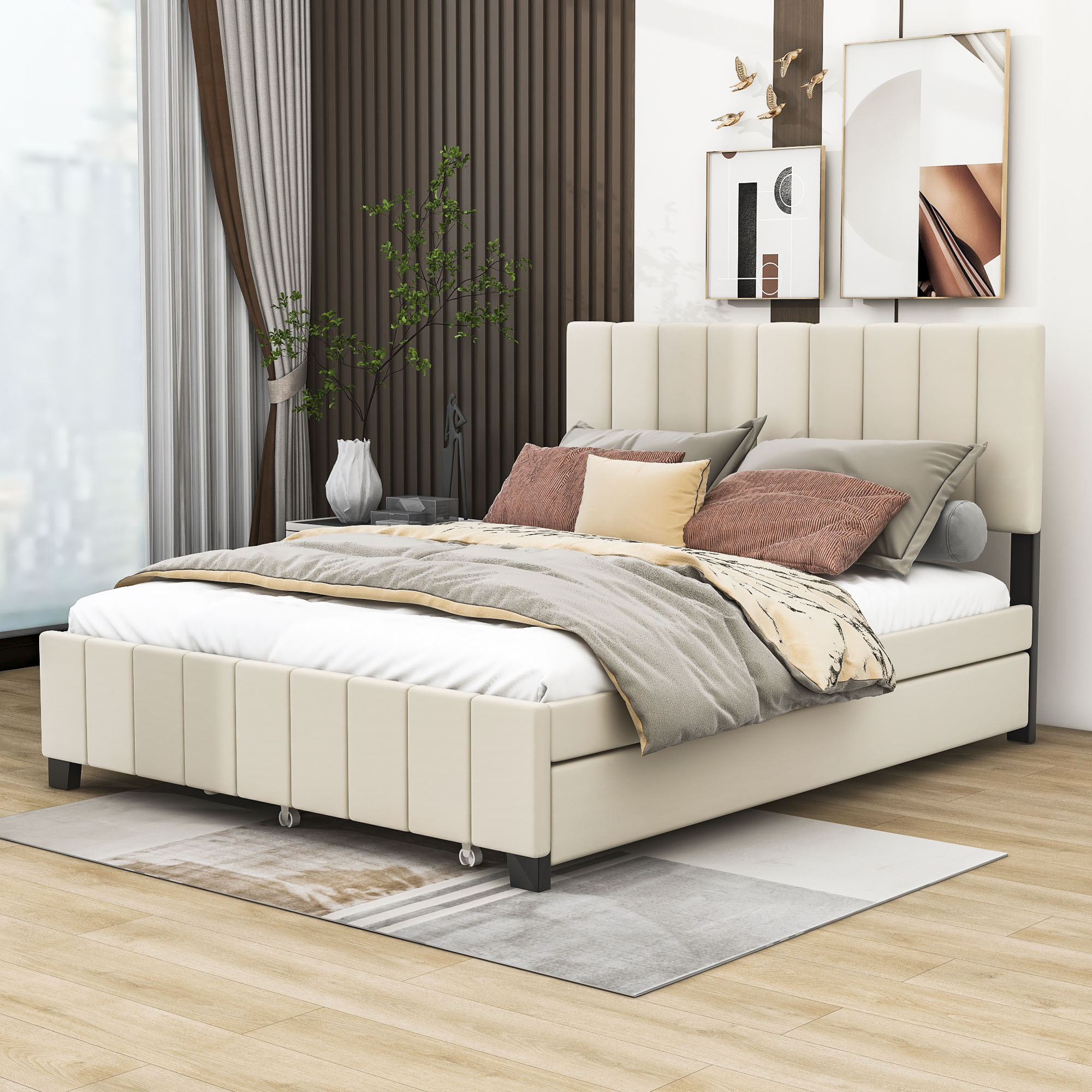 Latitude Run® Drevaughn Queen Size Upholstered Platform Bed with Twin ...