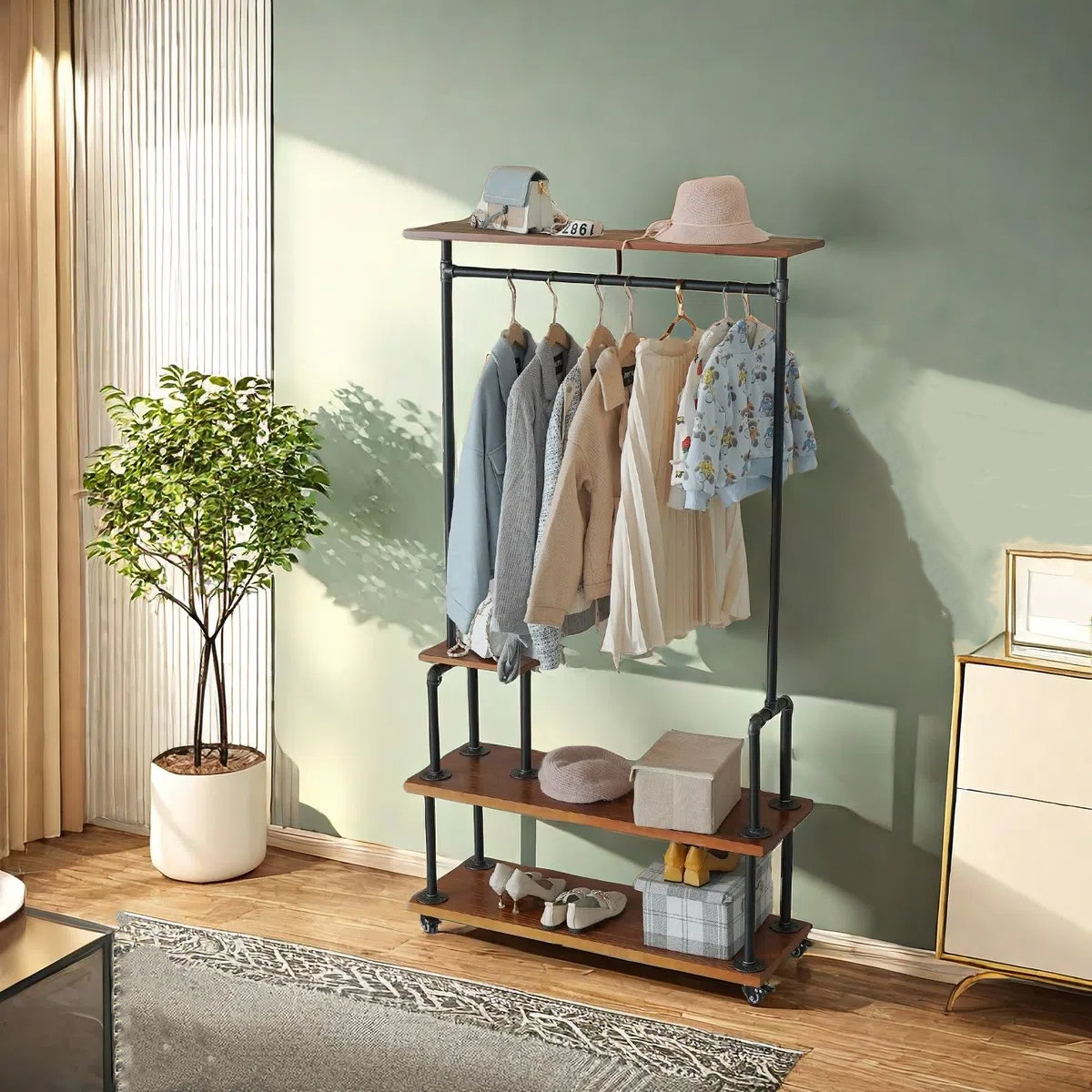 17 Stories Industrial Pipe Clothing Racks With Storage Shelves, Mounted ...