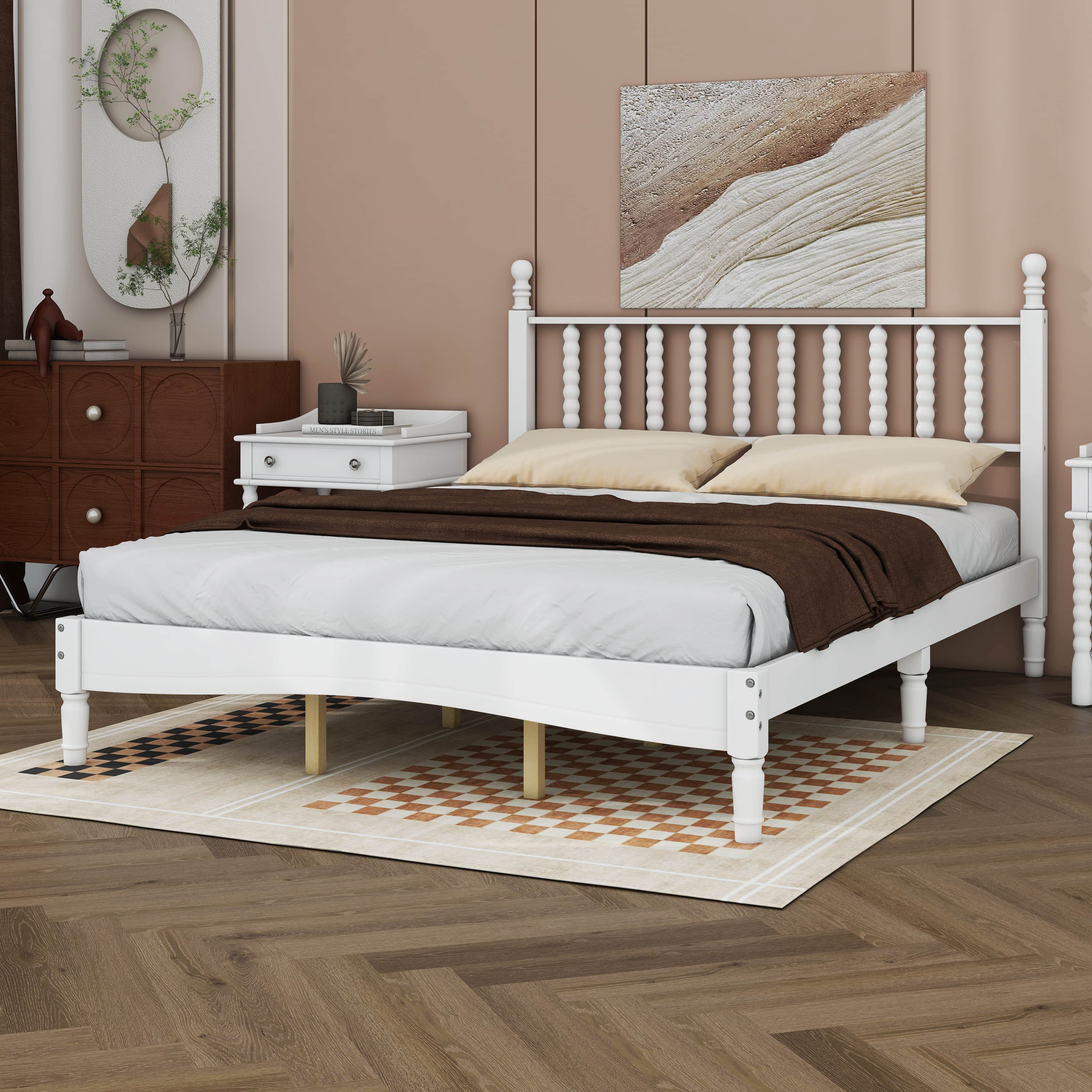 Canora Grey Queen Size Wood Platform Bed With Gourd Shaped Headboard ...