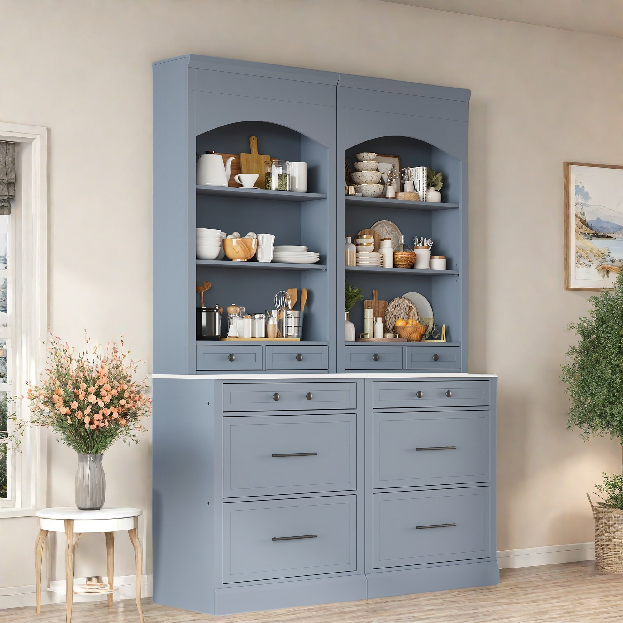 Rosdorf Park Modern High Kitchen Pantry With Faux Marble Top, 5 Drawers ...