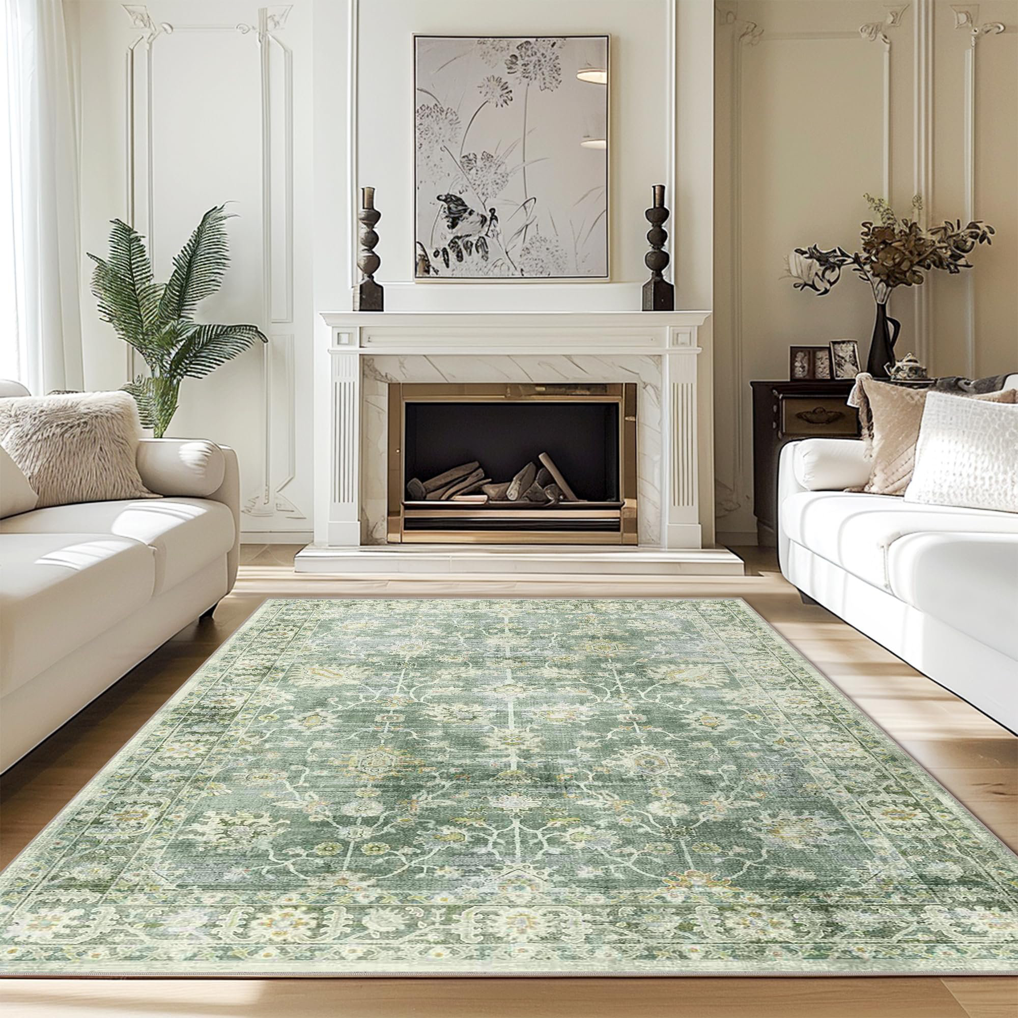 Bungalow Rose 8x10 Area Rug Washable Non Slip Vintage Green , Low Pile ...