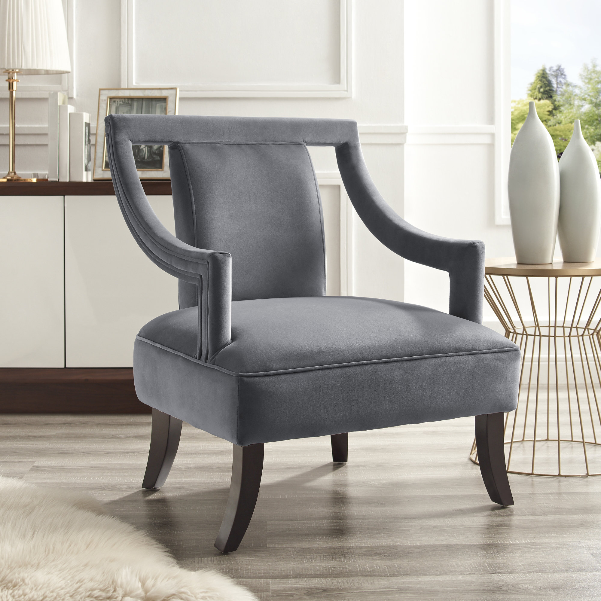 Everly Quinn Teri Velvet Swoop Arm Square Back Open Sides Accent Chair ...
