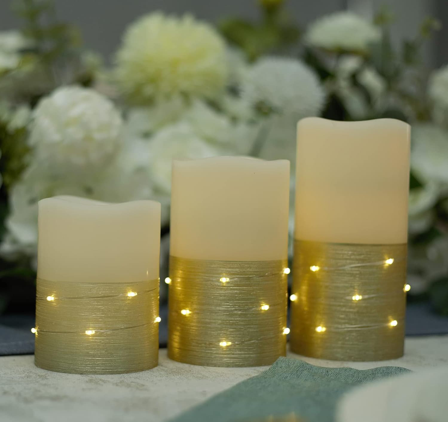 Hokku Designs Set of 3 Gold Flickering Flameless LED Pillar Candles ...