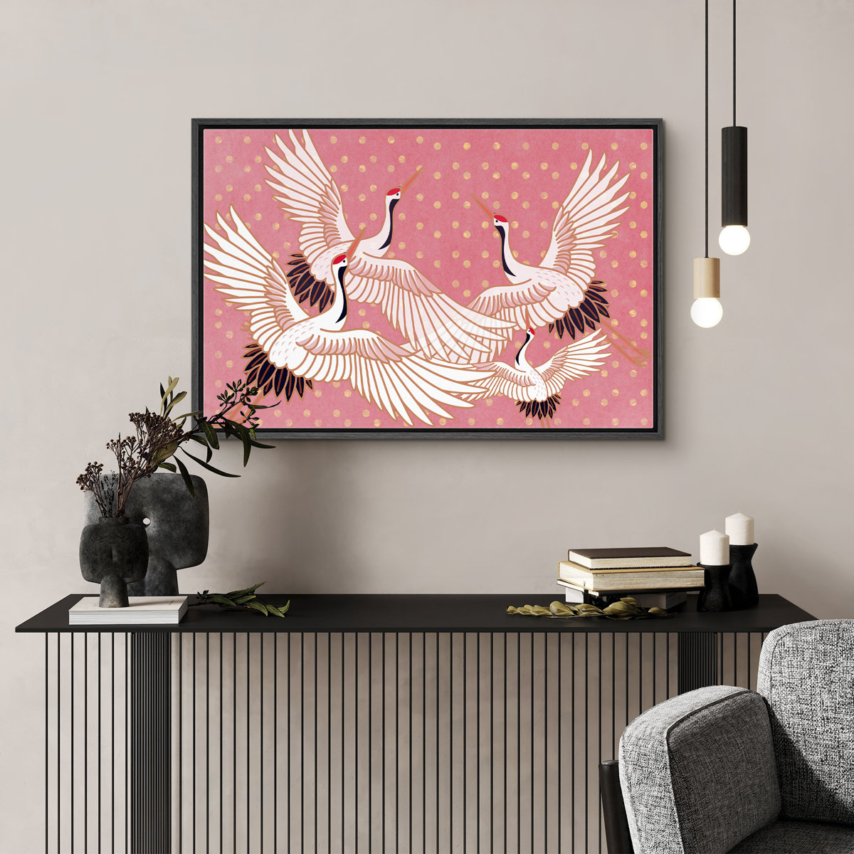 IDEA4WALL Bright Preppy Animals Pink Red-crowned Crane Bird Polka Dot ...