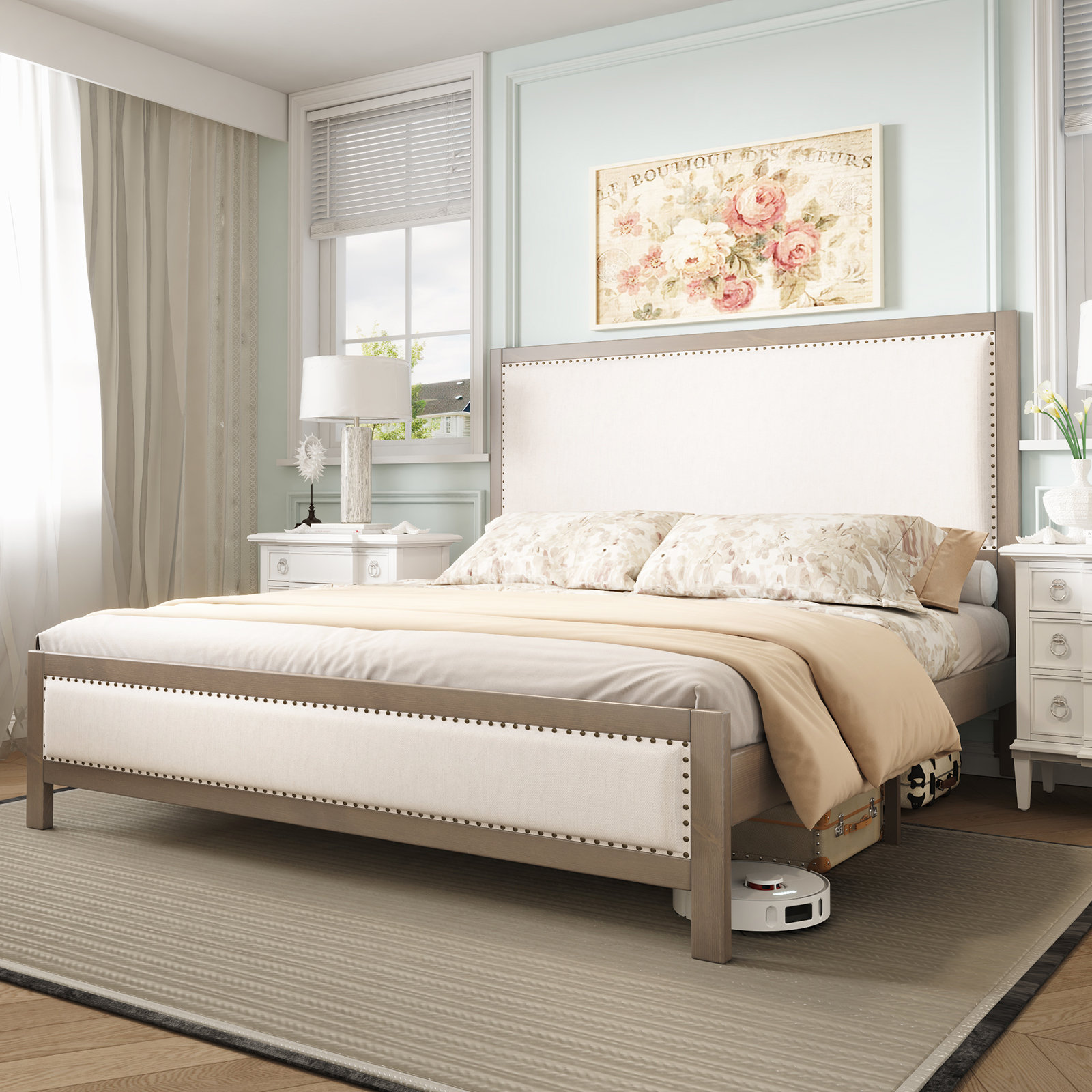 Latitude Run® Solid Wood Platform Bed with Linen & Nailhead Trim ...