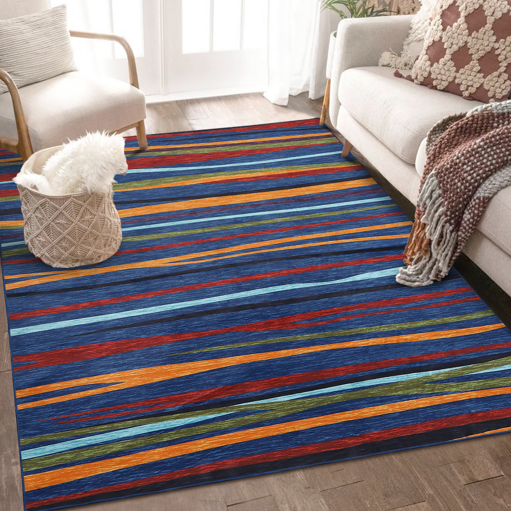 Wrought Studio™ Jayly Striped Machine Woven Polyester Area Rug in Blue/Orange/Green | Wayfair
