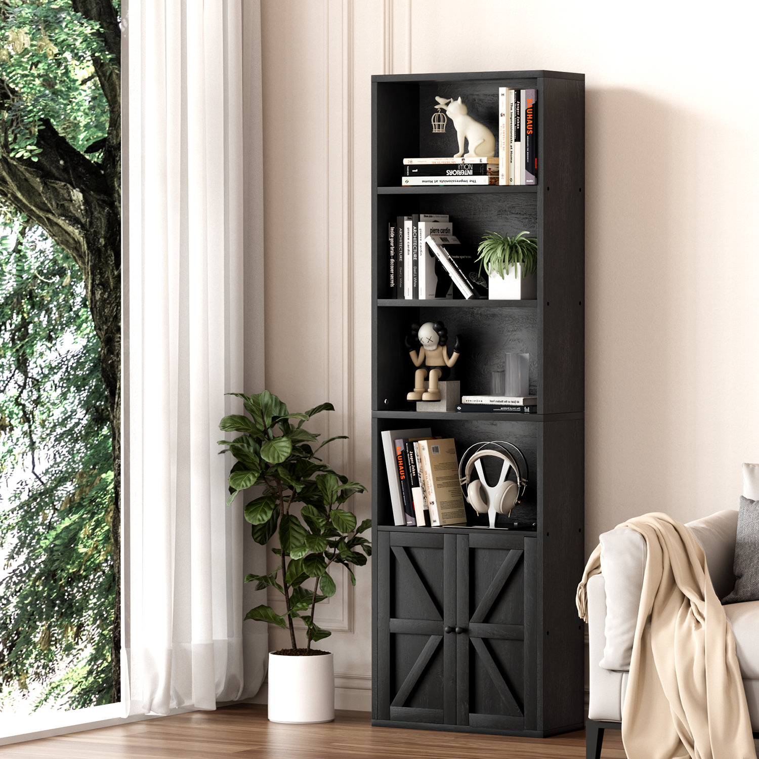 Gracie Oaks Aleysha Tall Bookshelf with Doors, Storage Bookcase, Free ...
