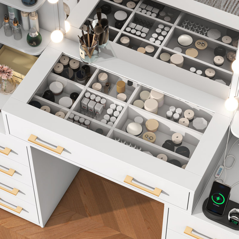 Ebern Designs Tempered Glass Top Makeup Vanity Desk With LED Lights And ...