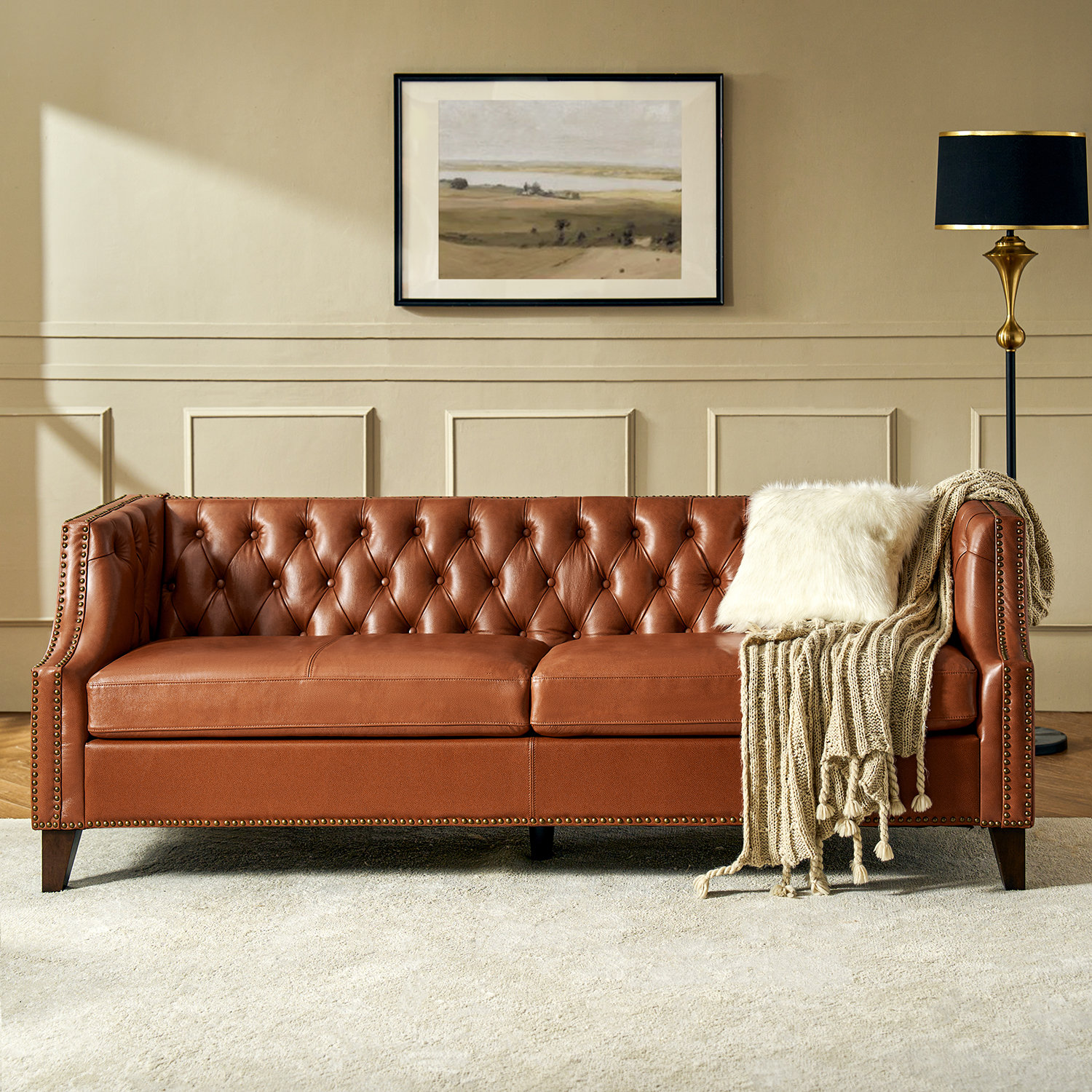 Winston Porter Theotis 84"W Chesterfield Button-Tufting Genuine Leather ...