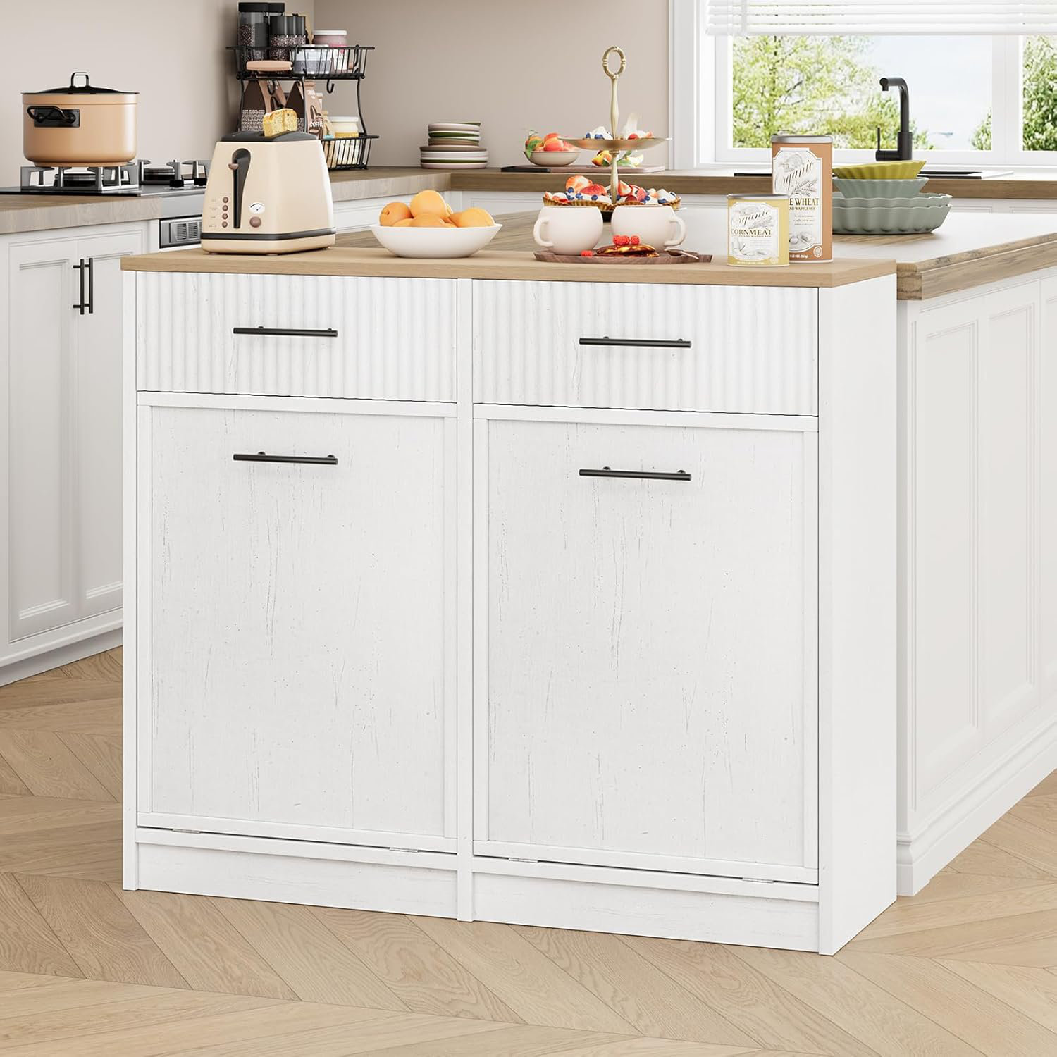 gaomon Fluted Double Trash Cabinet Tilt Out, Hidden Trash Can Cabinet ...