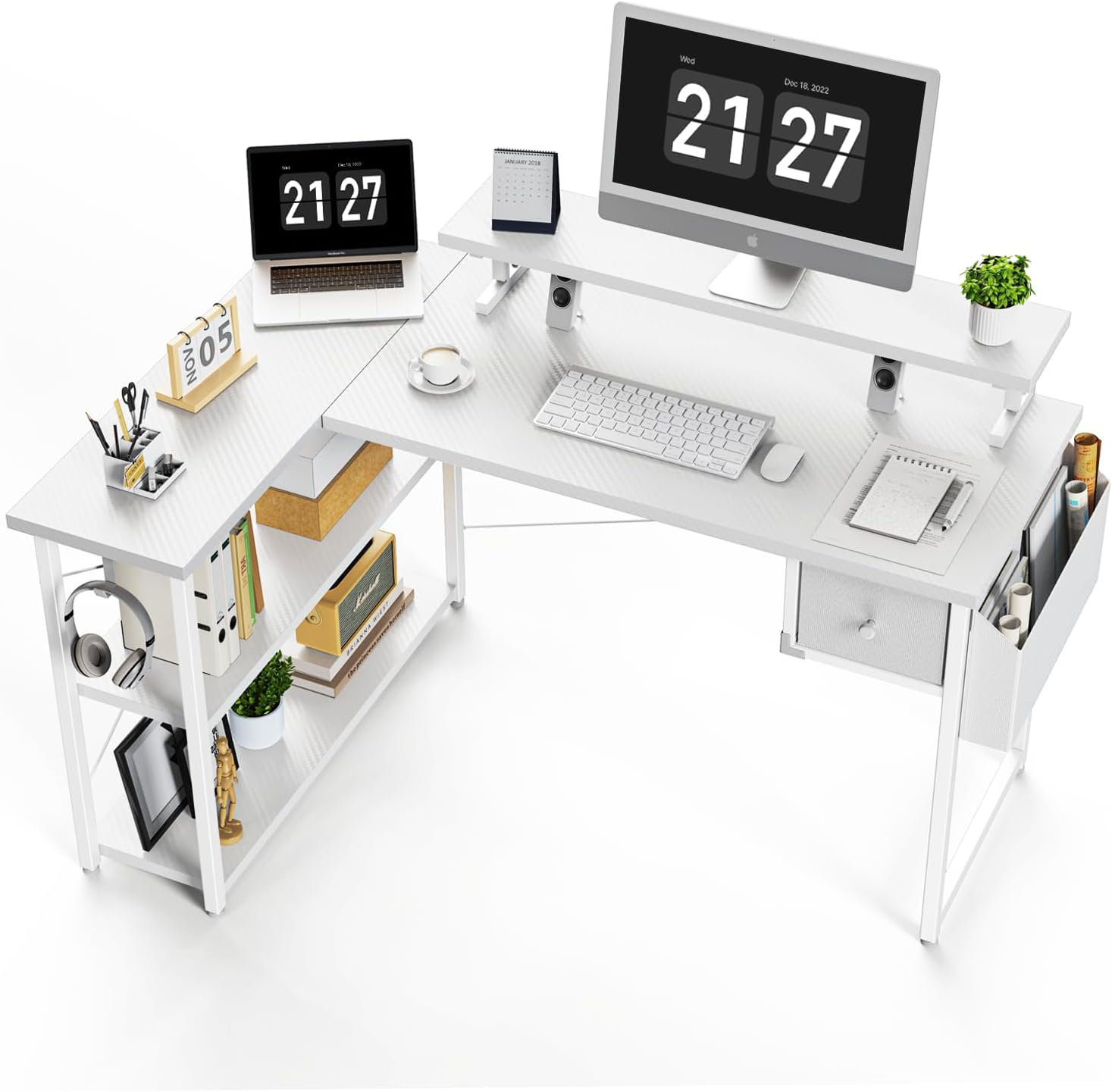 Inbox Zero 47 Inch L-Shaped Gaming Desk With Adjustable Stand, RGB Lights & Power Outlet, Carbon ...