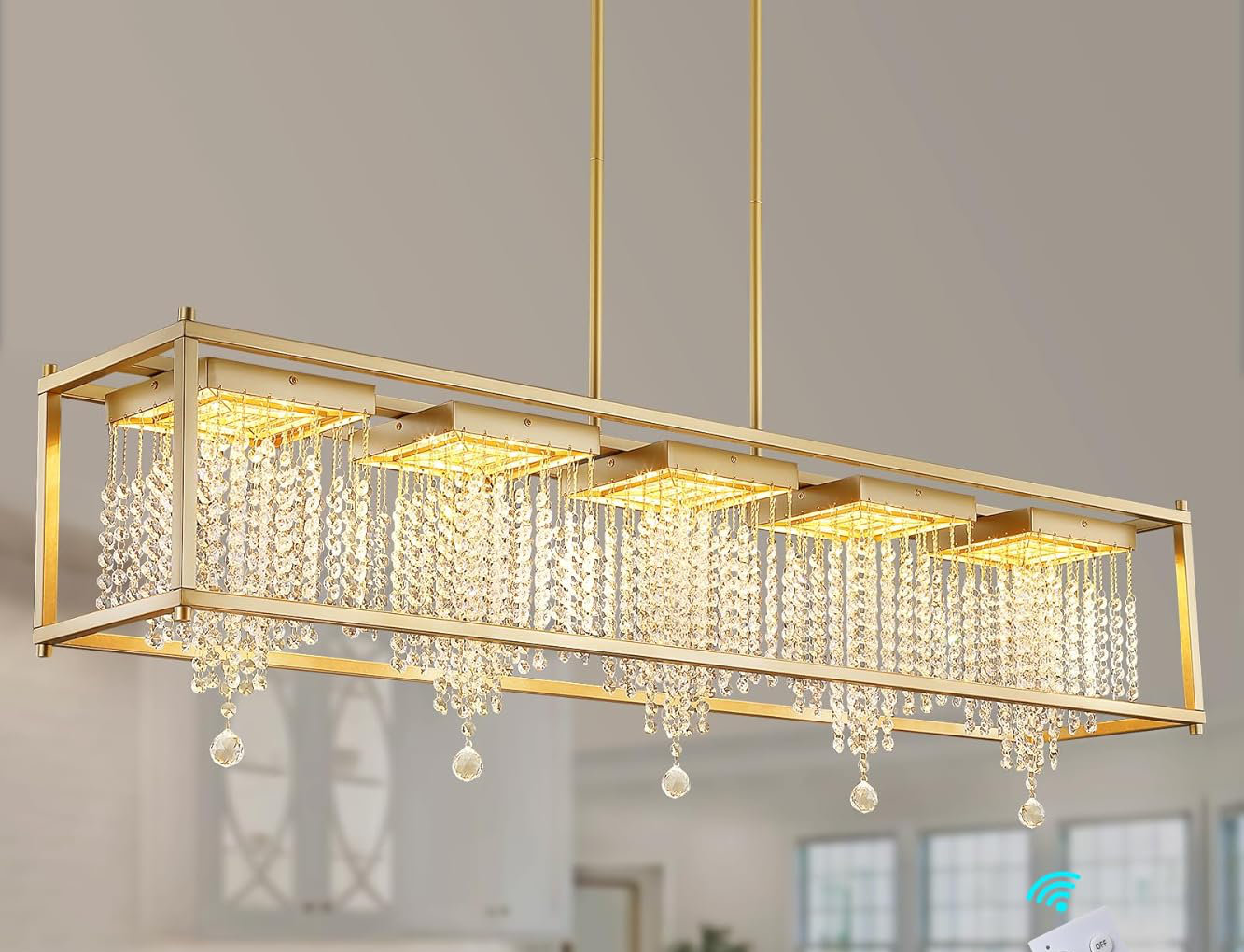 Mercer41 Modern Rectangular Crystal Chandelier With RGB Color Changing ...