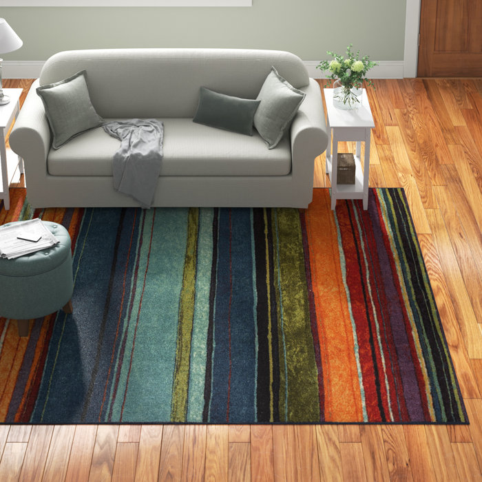 Highland Dunes Farranshane Striped Tufted Blue/Orange/Green Area Rug ...