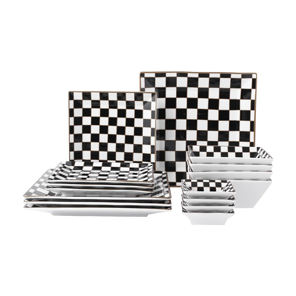 Hokku Designs Checker Porcelain Square Dinnerware Set For 4, Dishes Set ...