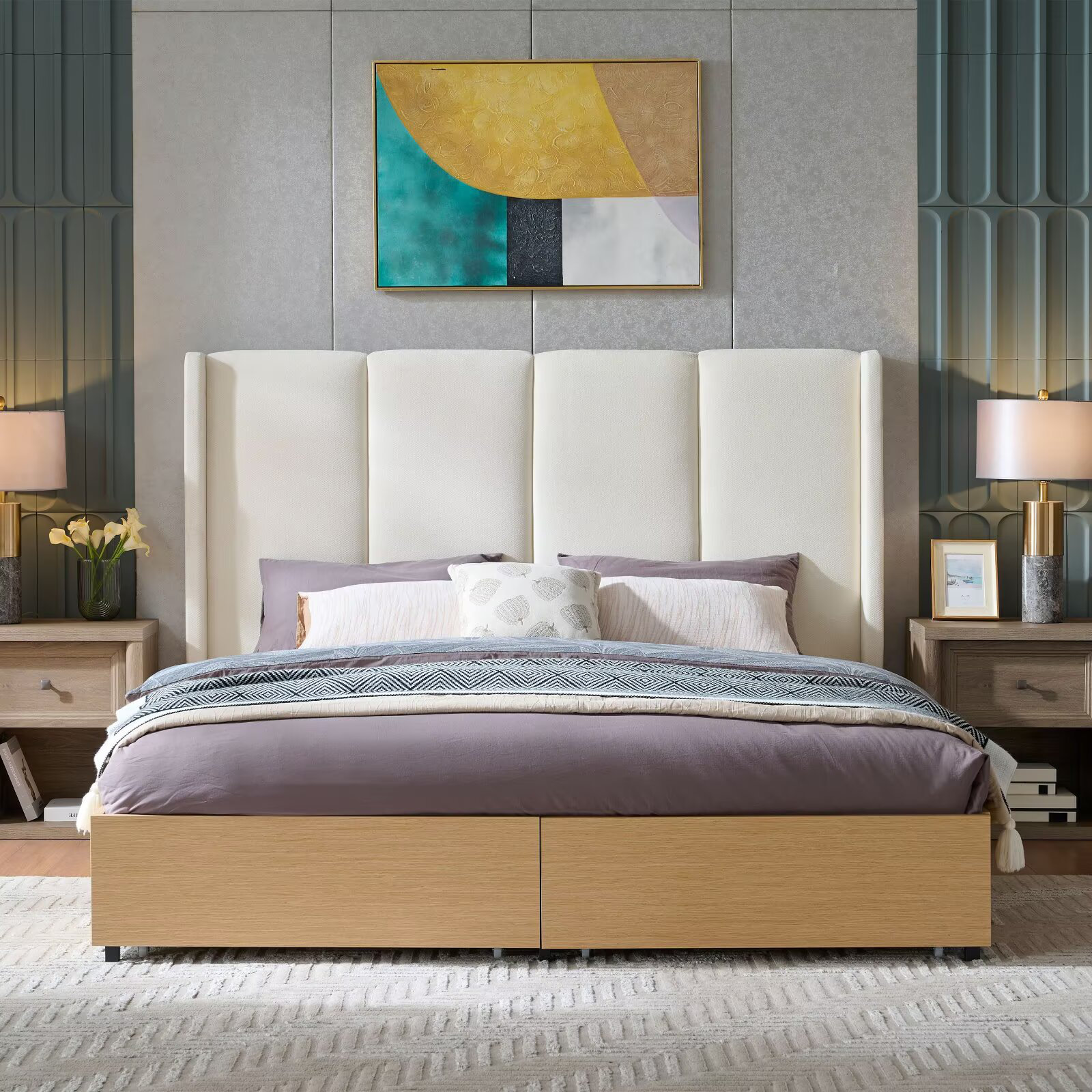 Latitude Run® 56" High Linen Upholstered Wingback Bed Frame with 2 ...