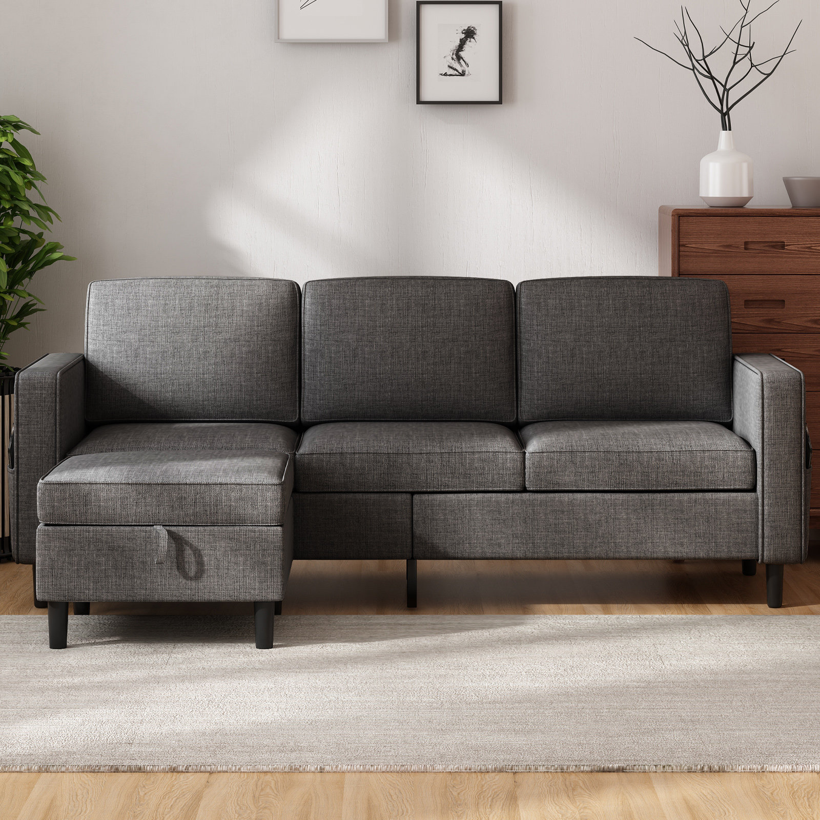 Ebern Designs 78" Upholstered Sofa Couch with Ottoman, L Shaped Sofa ...