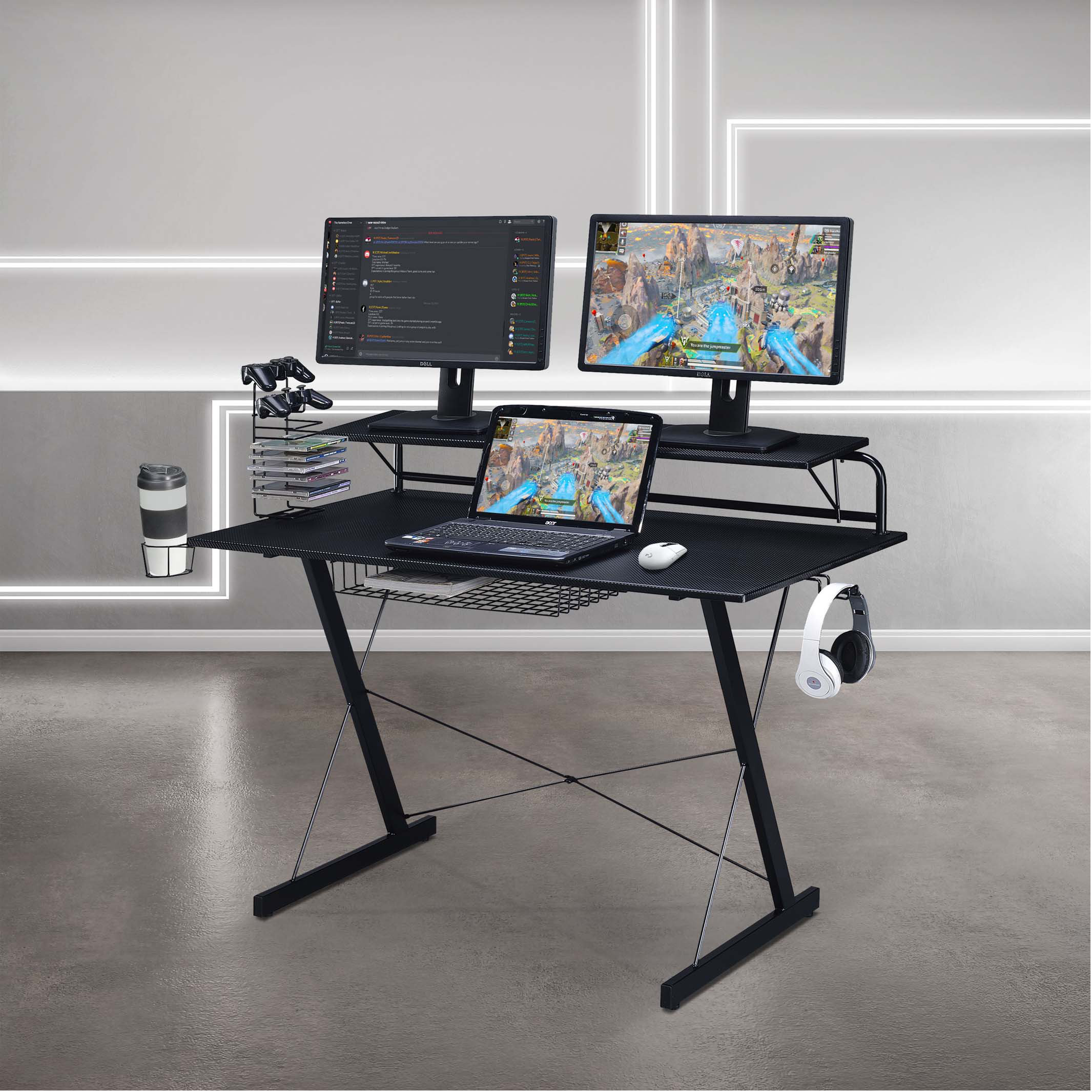 17 Stories Sport TS-200 Carbon Computer Gaming Desk with Shelving ...