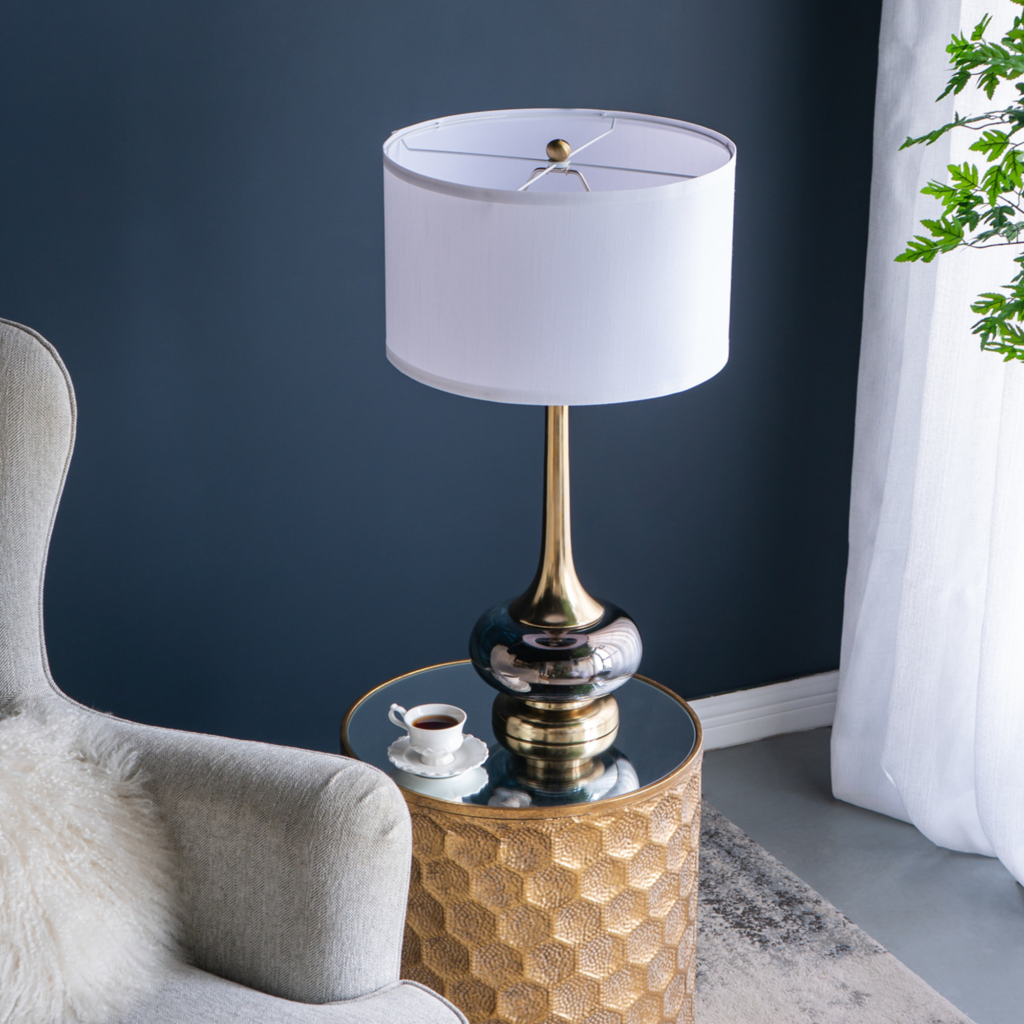 Everly Quinn D15x29" Table Lamp With Glass Drum Shade (Lamp Shade ...