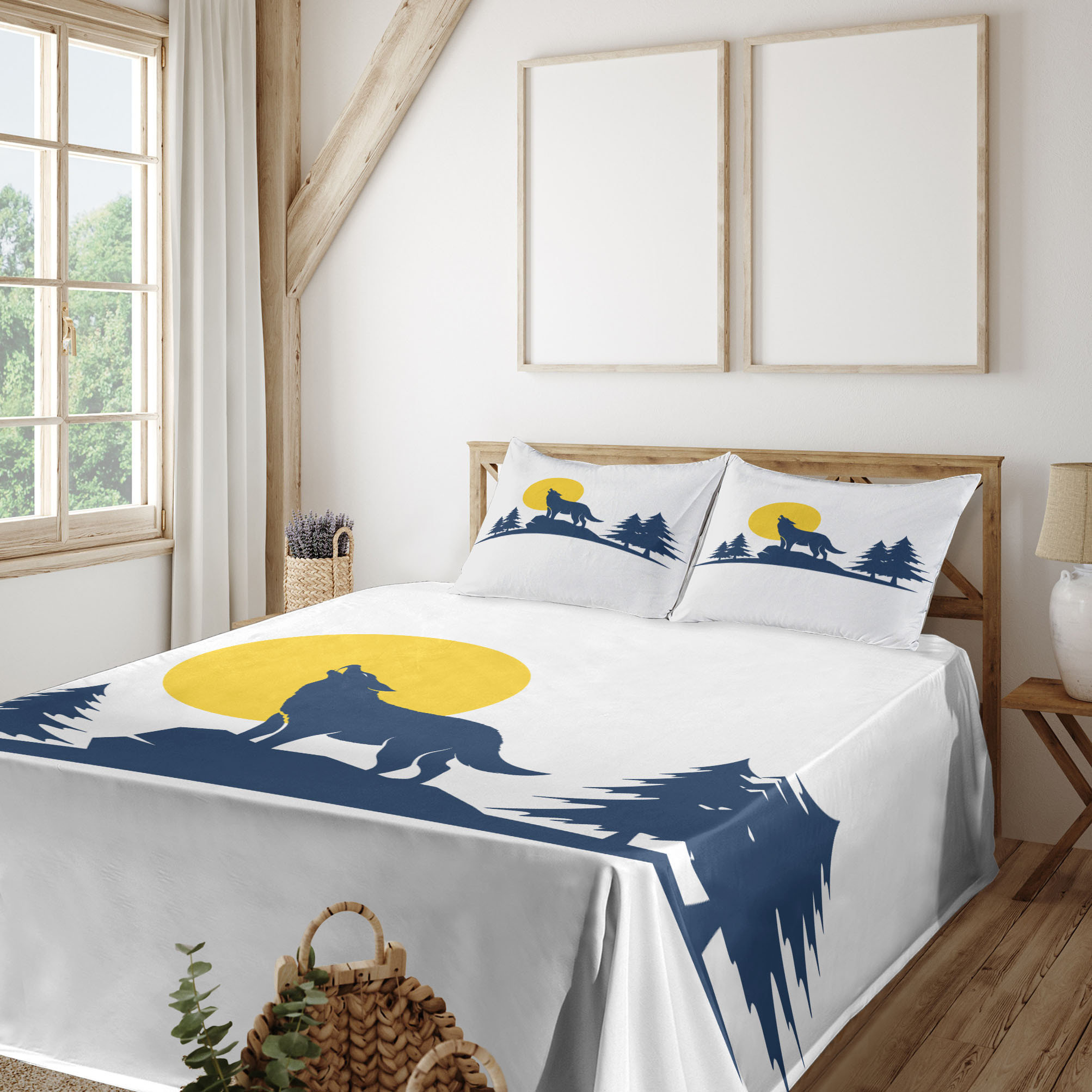 Ambesonne Wolf Sheet Set Howling Animal Pine Trees Art Yellow and Dark ...