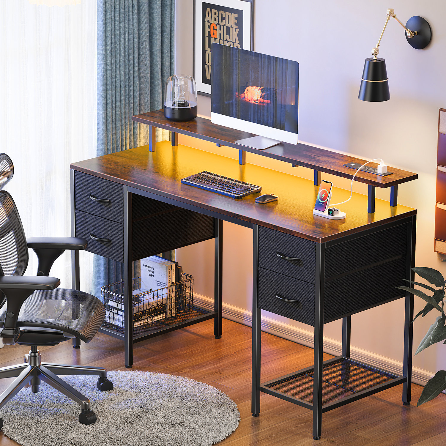 Ivy Bronx Neesha Desk with LED Lights, Computer Desk with Storage ...