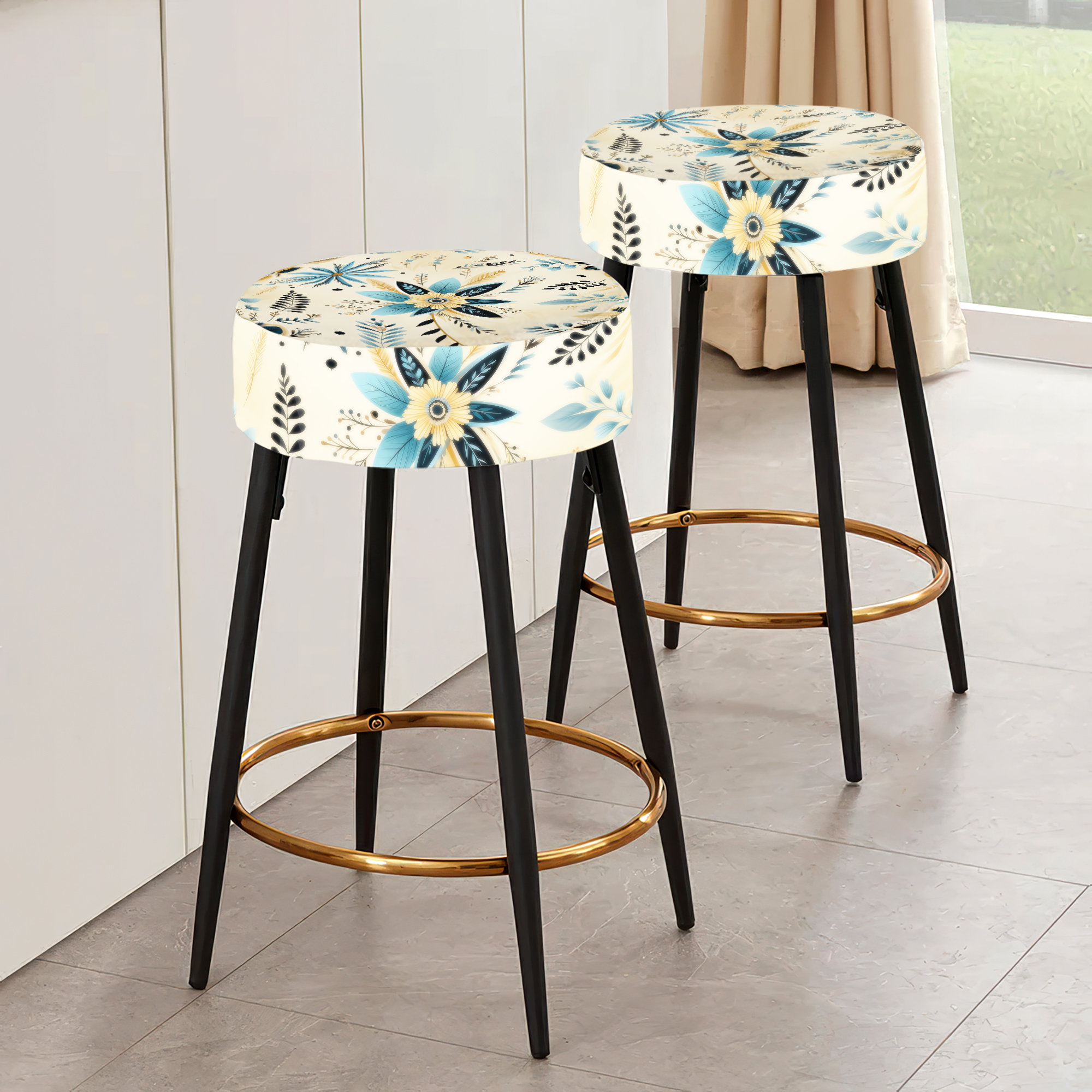 Design Art Blue Beige Vintage Chic Flower Pattern - Floral Bar Stools ...