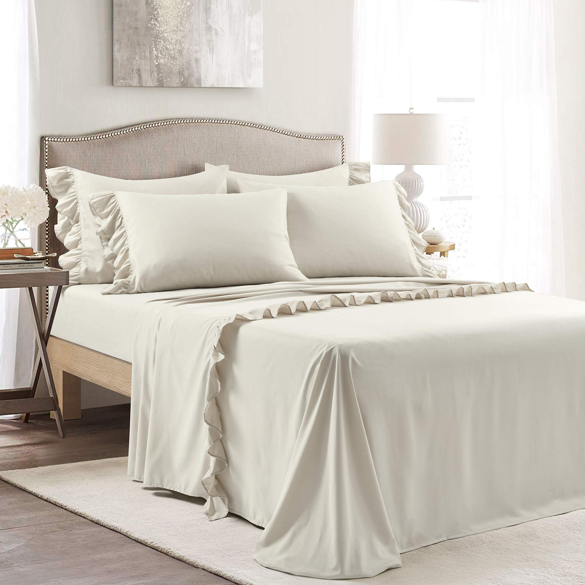FEIYAN Reyna Ruffle Sheet Set, 6 Piece Set, Queen, Wheat - Soft ...