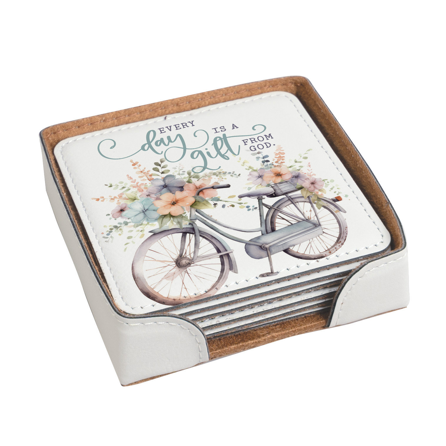 August Grove® Leather Square 4 Piece Coaster Set With Holder | Wayfair