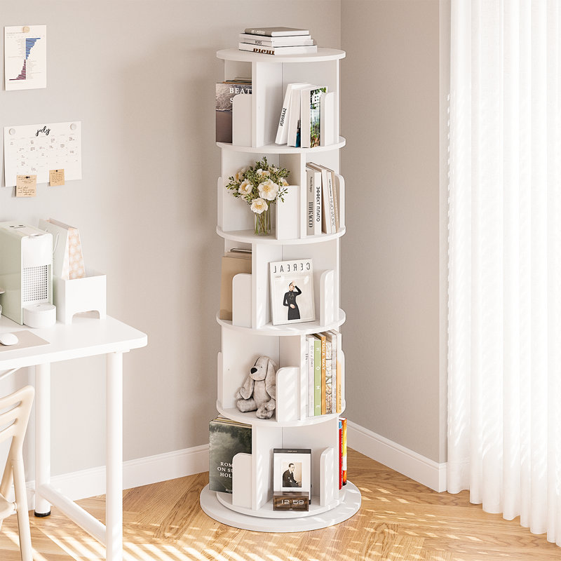 Ebern Designs 360° Rotating Bookshelf, 5 Tiers Corner Shelf, Rotating ...