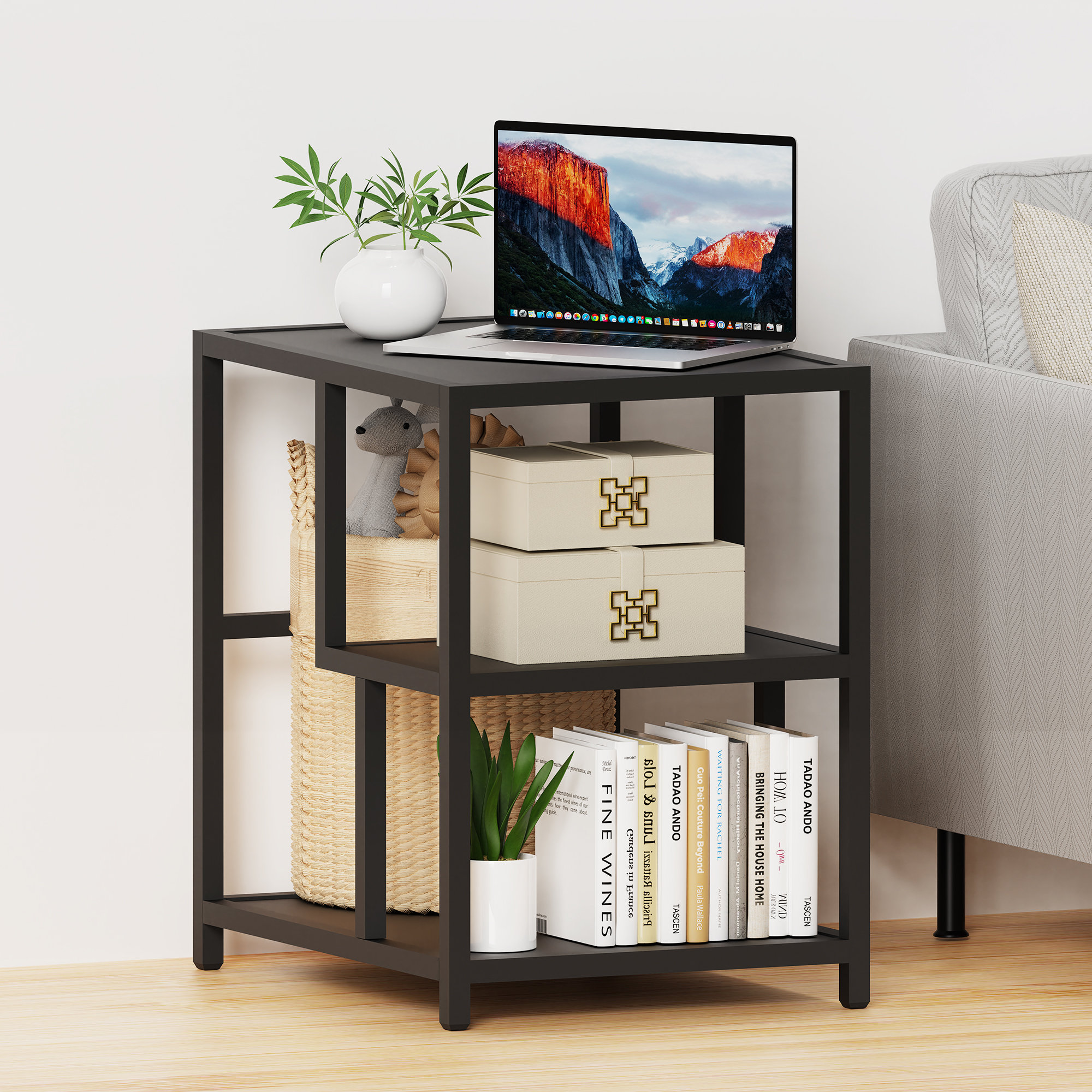 Ebern Designs 21'' Black End Table With 3-tier, Industrial Side Table ...