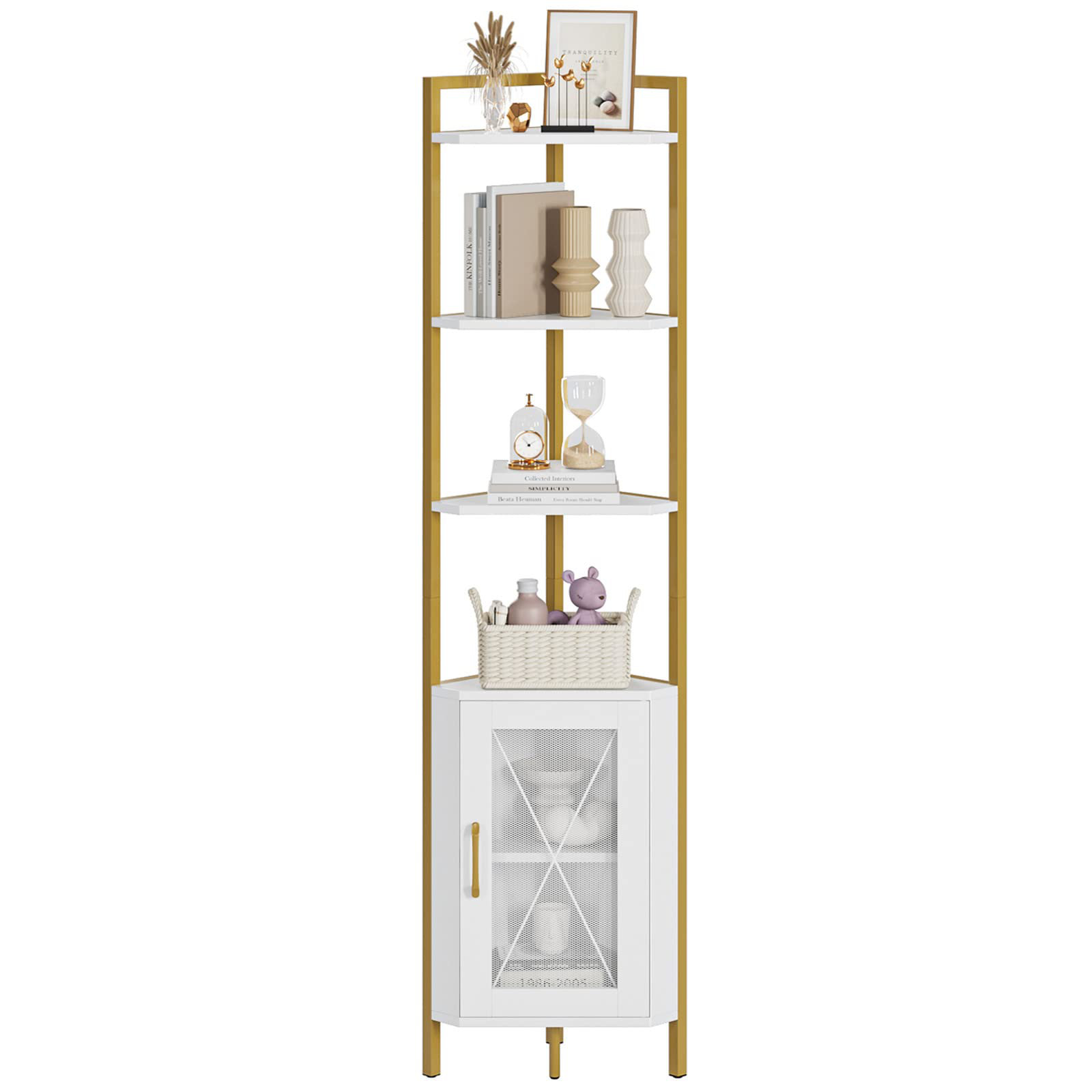 Everly Quinn 6-Tier Corner Bookcase, Gold Bookshelf with Storage ...