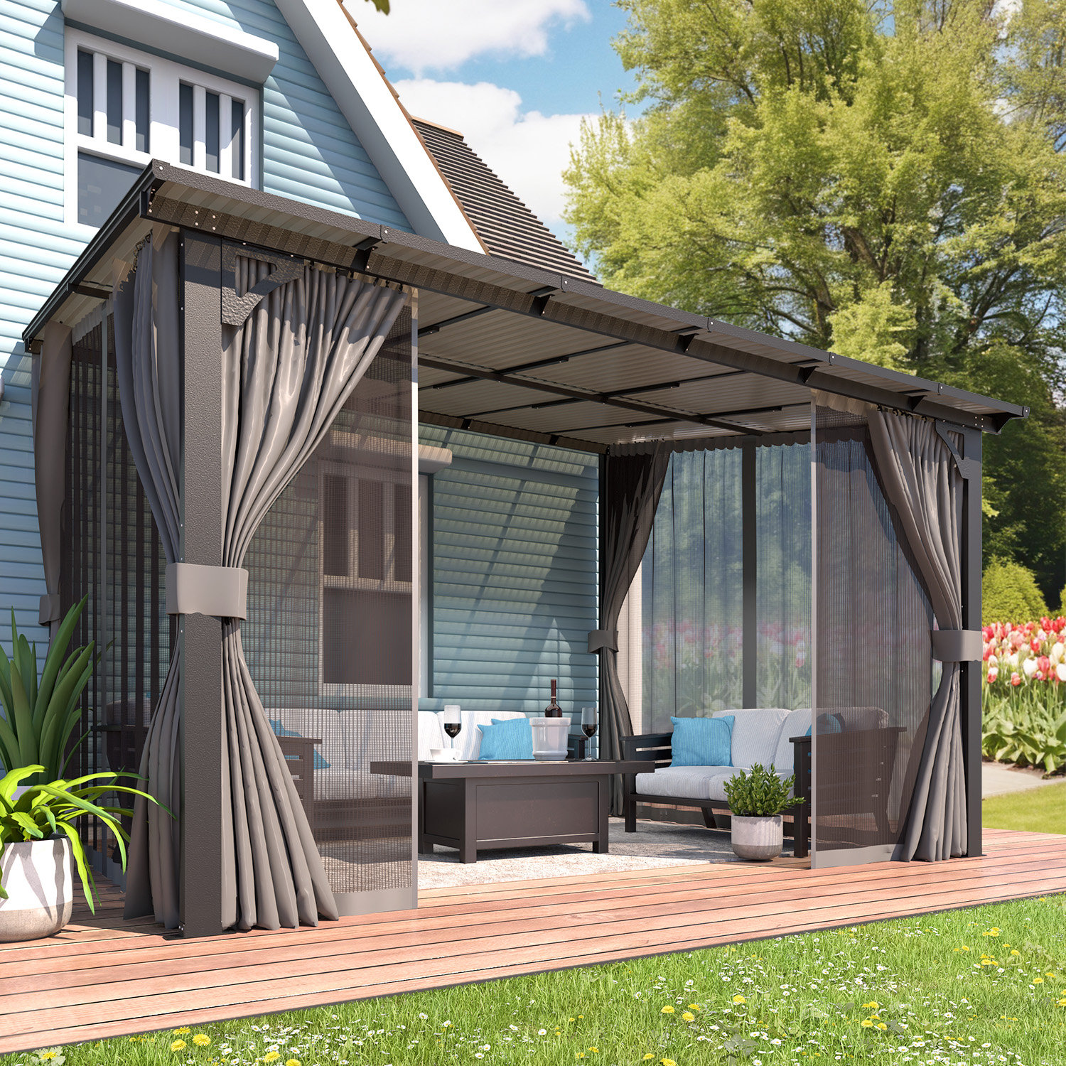 AECOJOY Wall-Mounted Lean To Pergola Gazebo With Curtains And Netting ...
