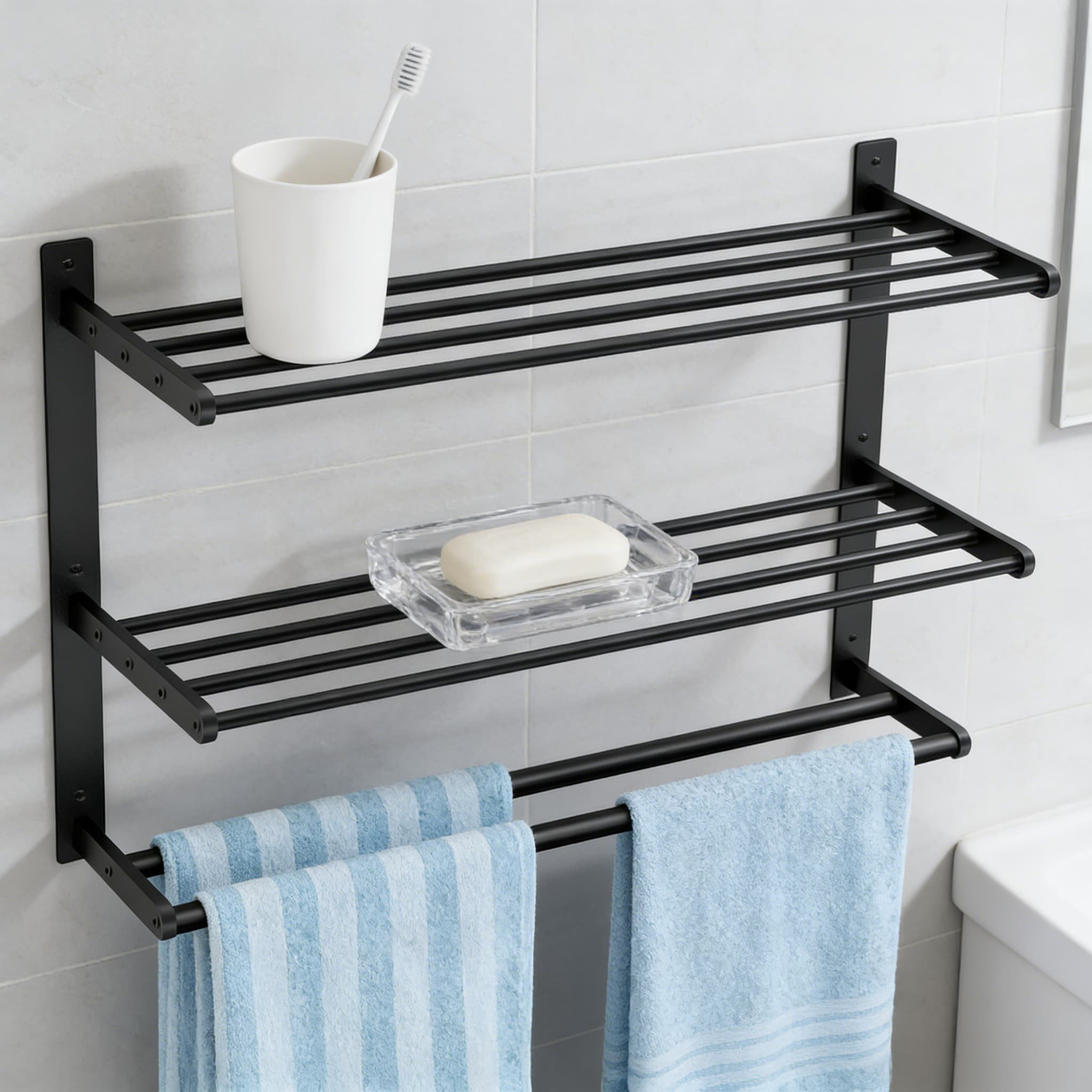 VIRBEIHUO 3-Tier Wall Mounted Towel Rack With Shelf, Double Towel Bar ...