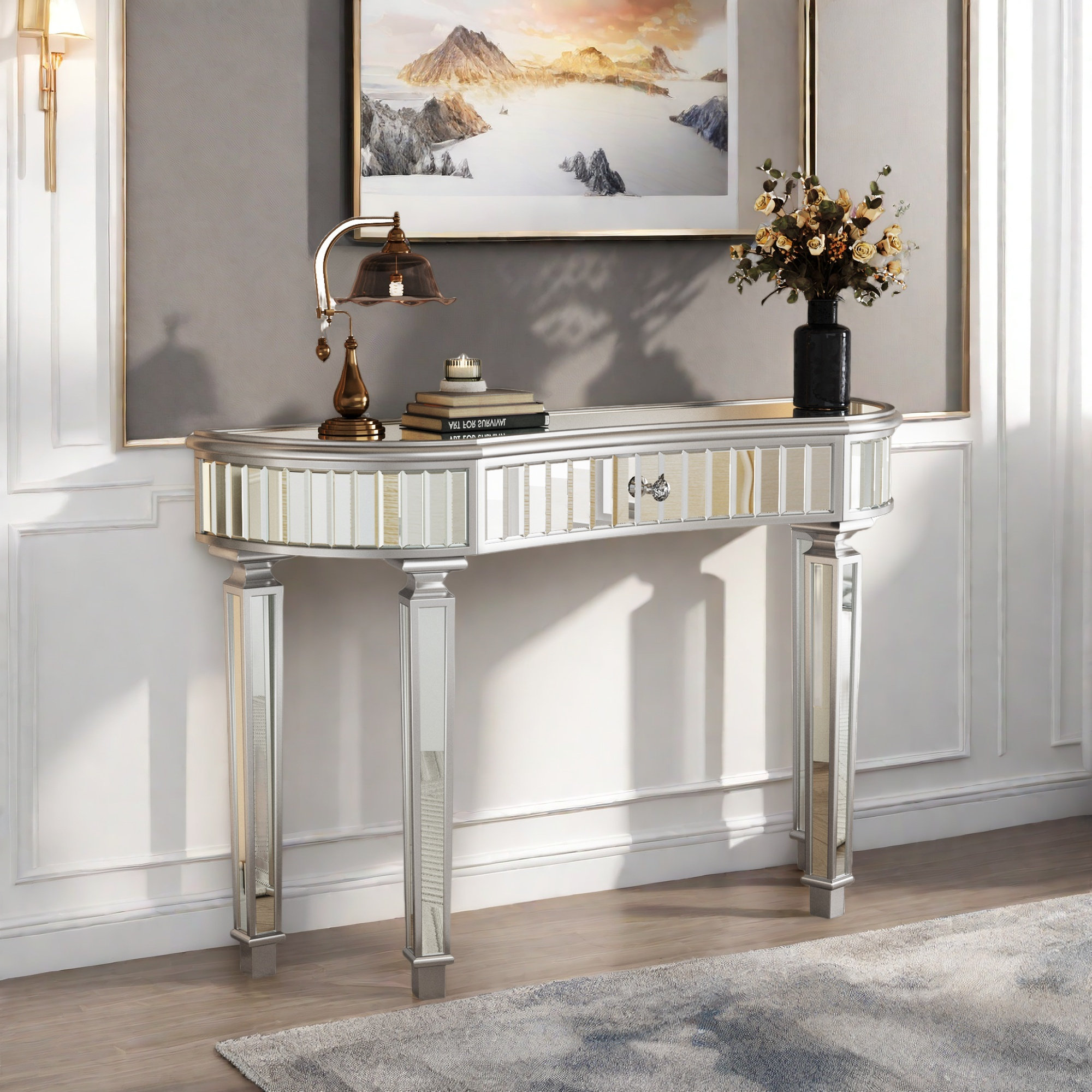 House of Hampton Half-moon Mirrored Console Table With Fluted Glass And ...