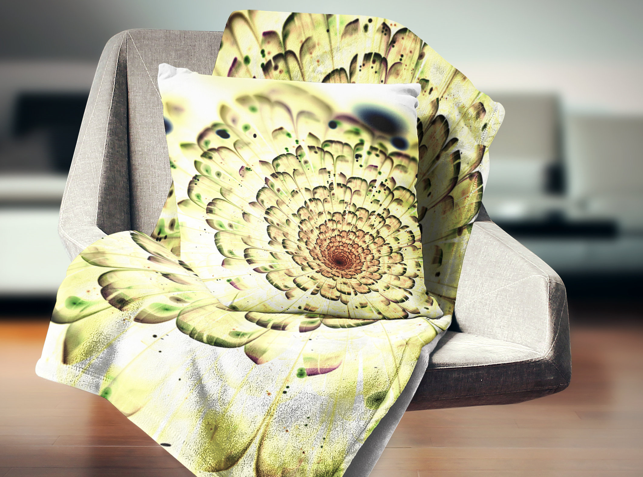 Design Art Green Light Fractal Flower Pattern - Abstract Printed Pillow ...