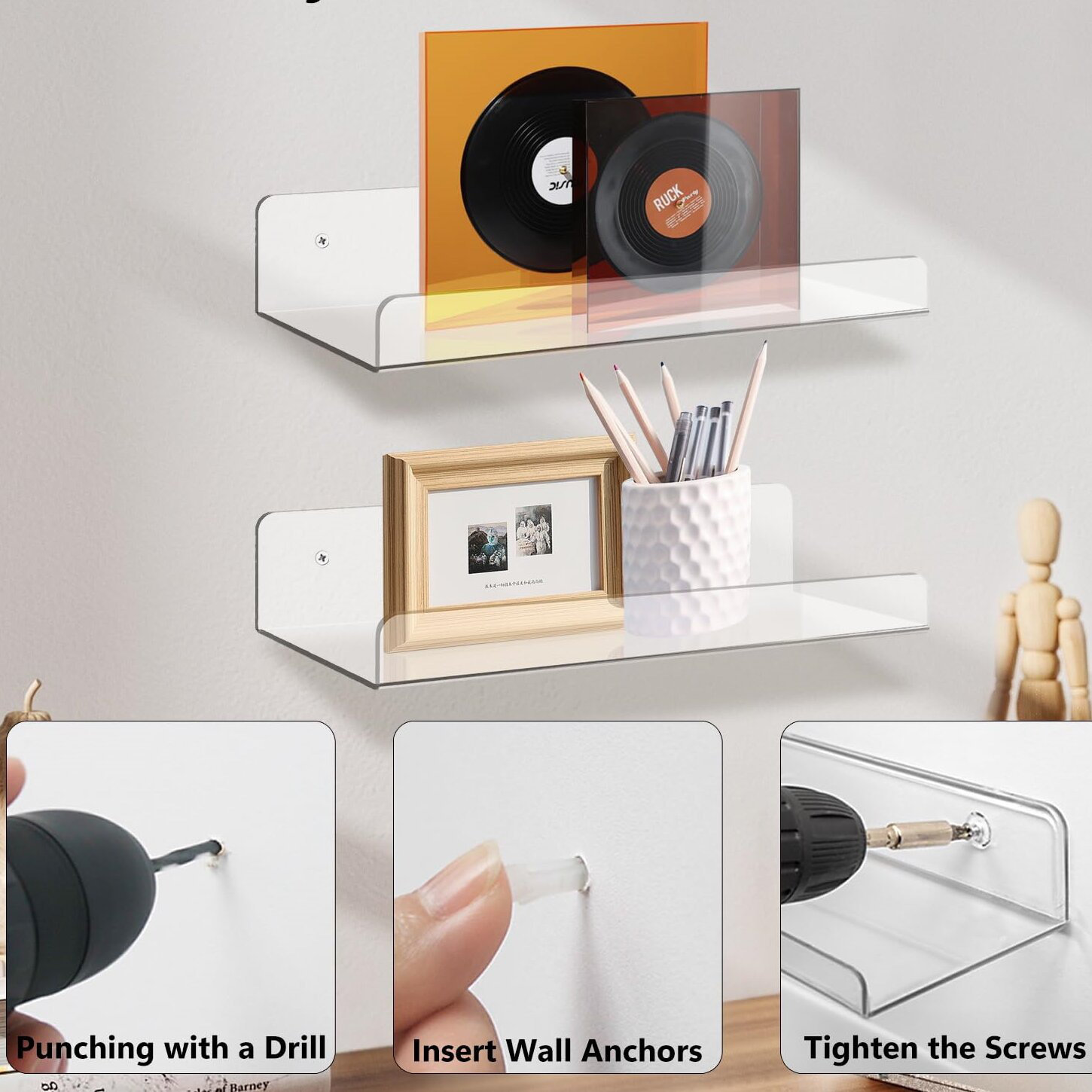 Brayden Studio 24 Inch Long Acrylic Shelves for Wall, 4 Pack Clear ...