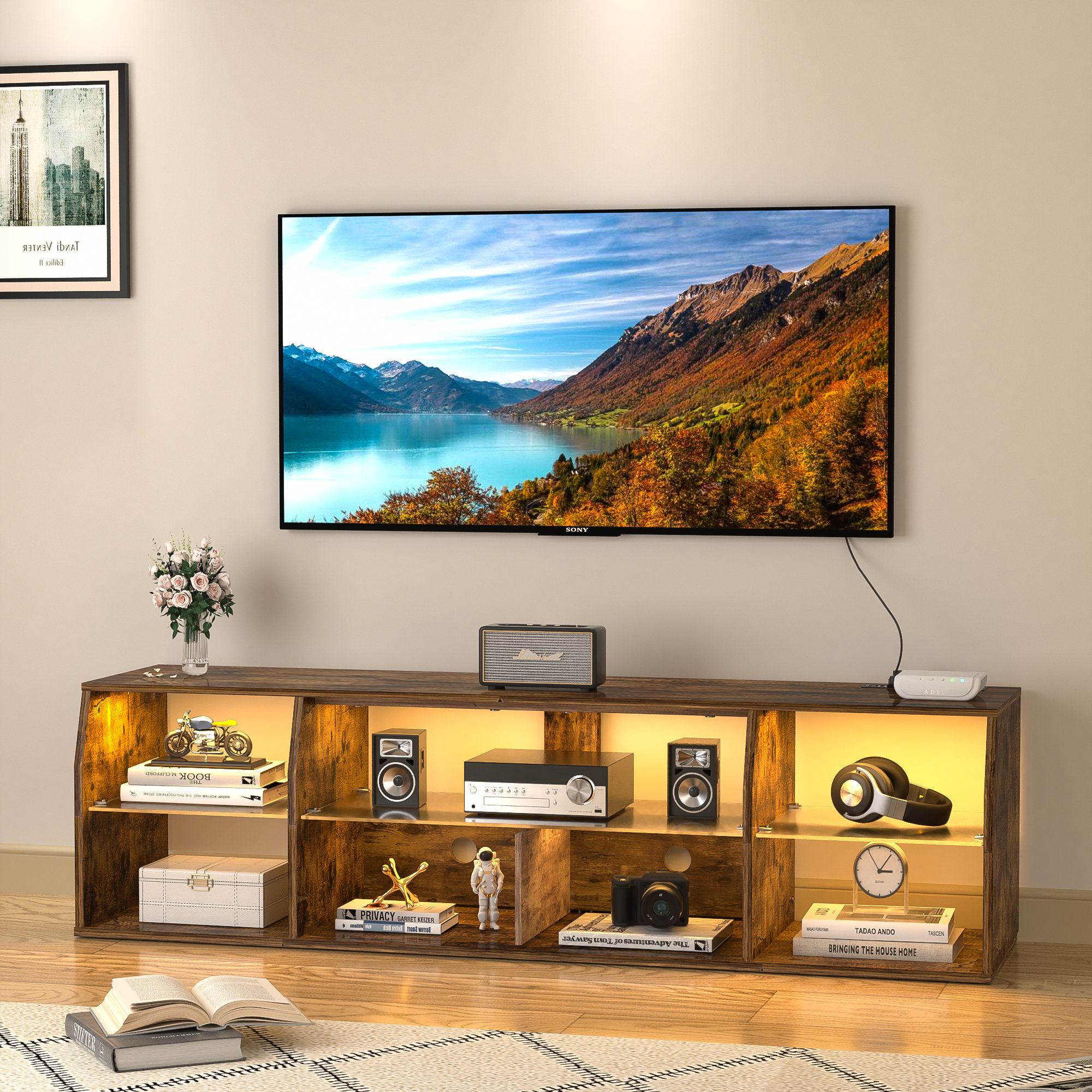 Millwood Pines Anabal TV Stand with LED Lights, Entertainment Center ...