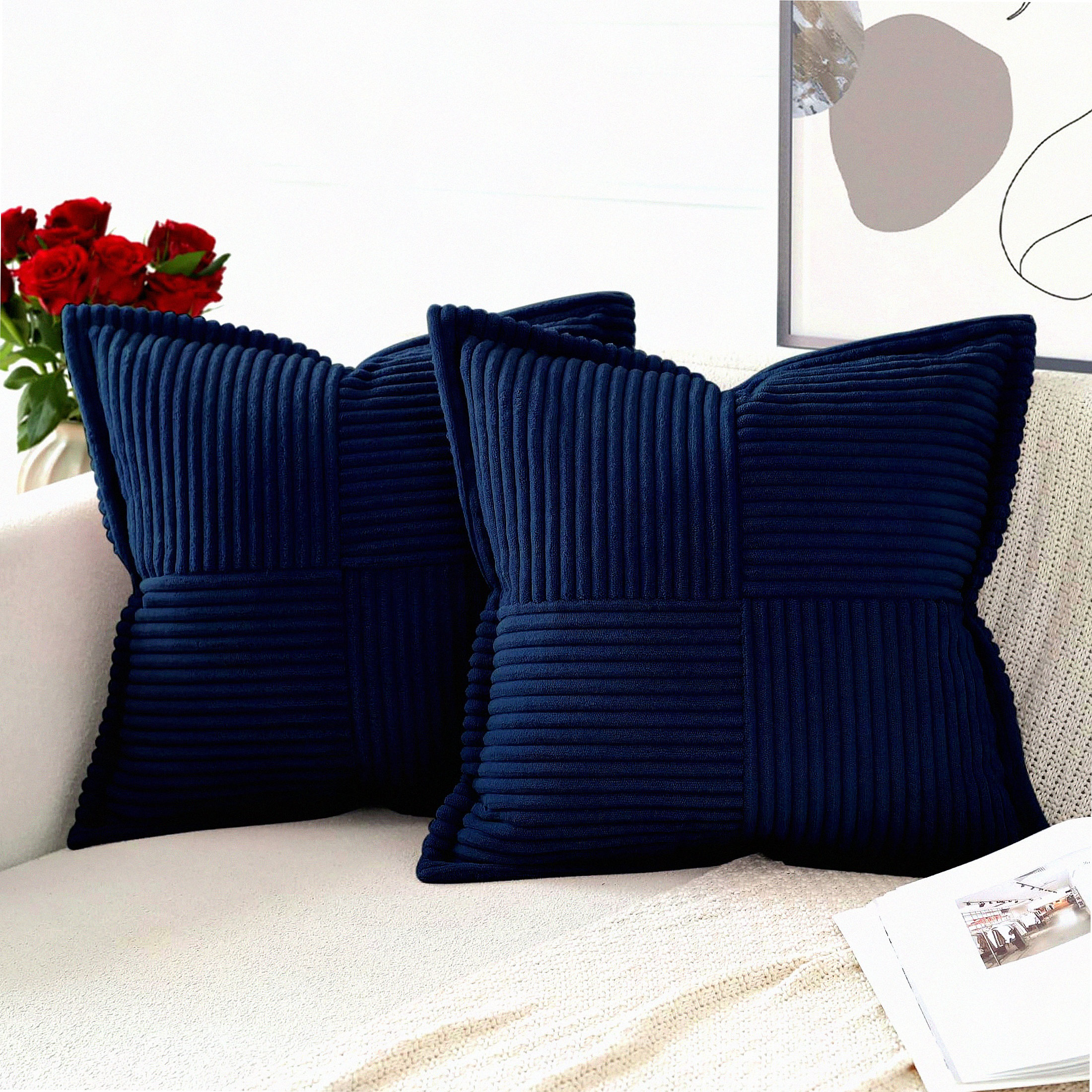 BRBCA Boho Stripe Corduroy Pillow Covers - Set of 2 Navy Blue - Super Soft Splicing Broadside ...